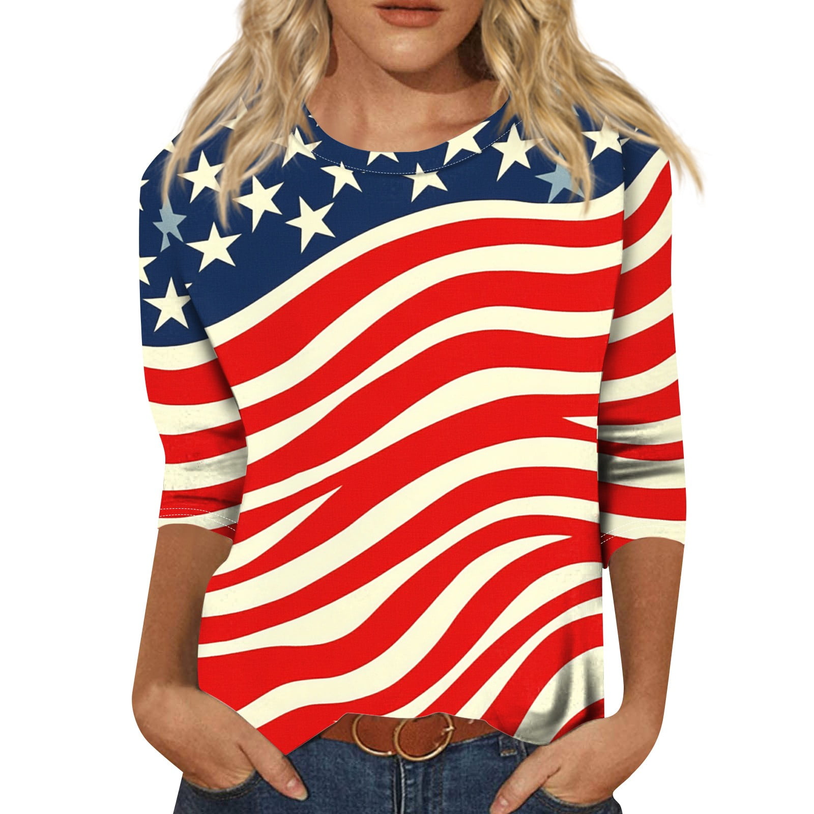 Ydkzymd Independence Day Women's 4th Of July Tops 3/4 Sleeve Round Neck ...