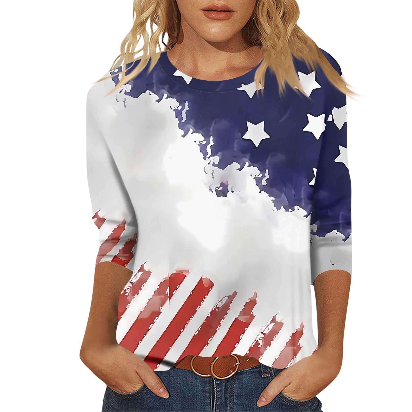 Ydkzymd Independence Day Womens 4th Of July Shirt Elbow Length Round Neck American Flag Blouses ...