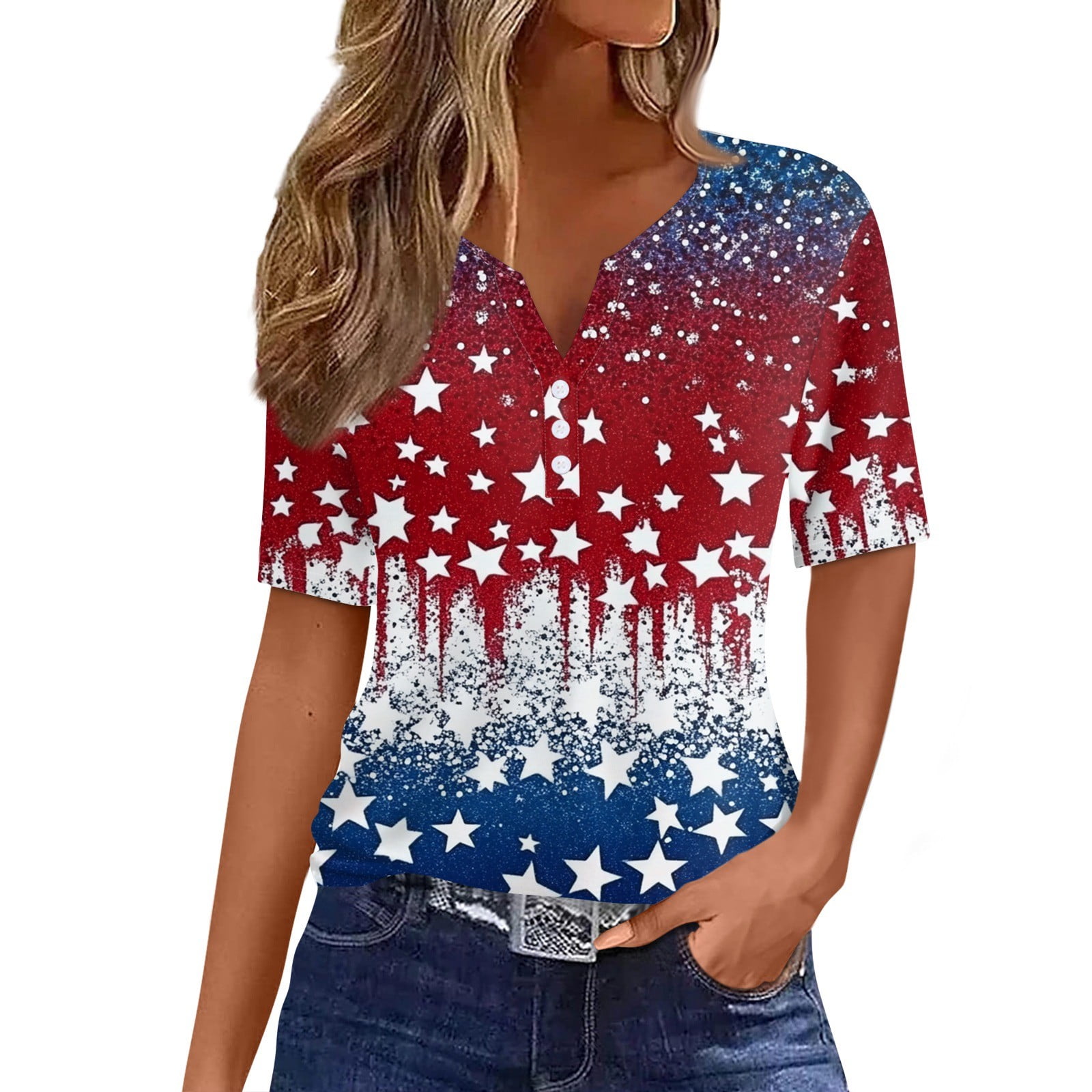 Ydkzymd Independence Day Womens Red White and Blue Tops Short Sleeve V ...