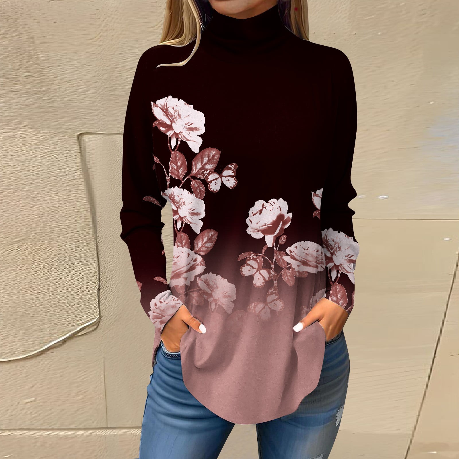 Ydkzymd Long Sleeve Shirt Women 3XL Plus Size Deep Red Holiday Shirts ...