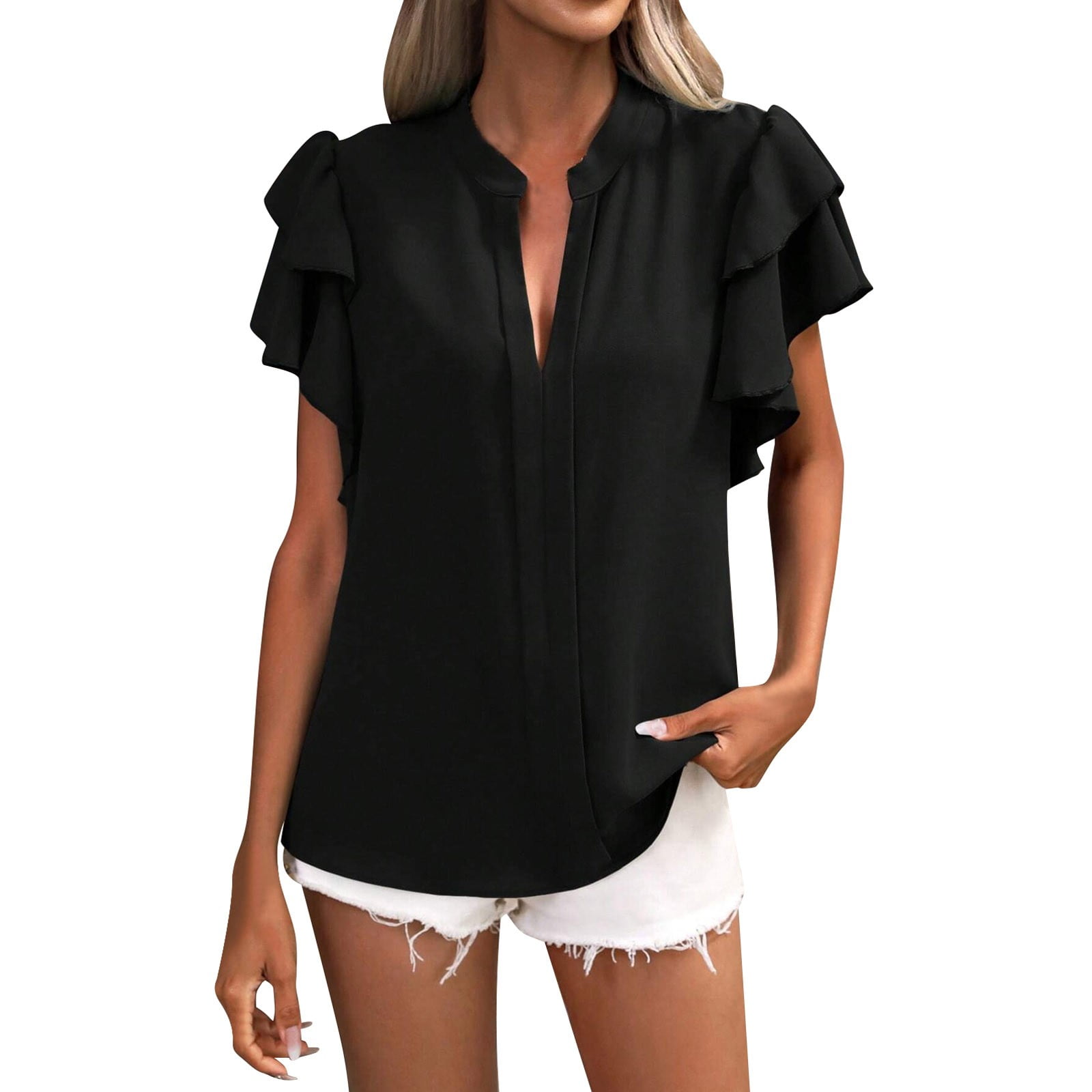 Ydkzymd Ruffle Tops Women Chiffon Short Sleeve V Neck Blouses Pleated ...
