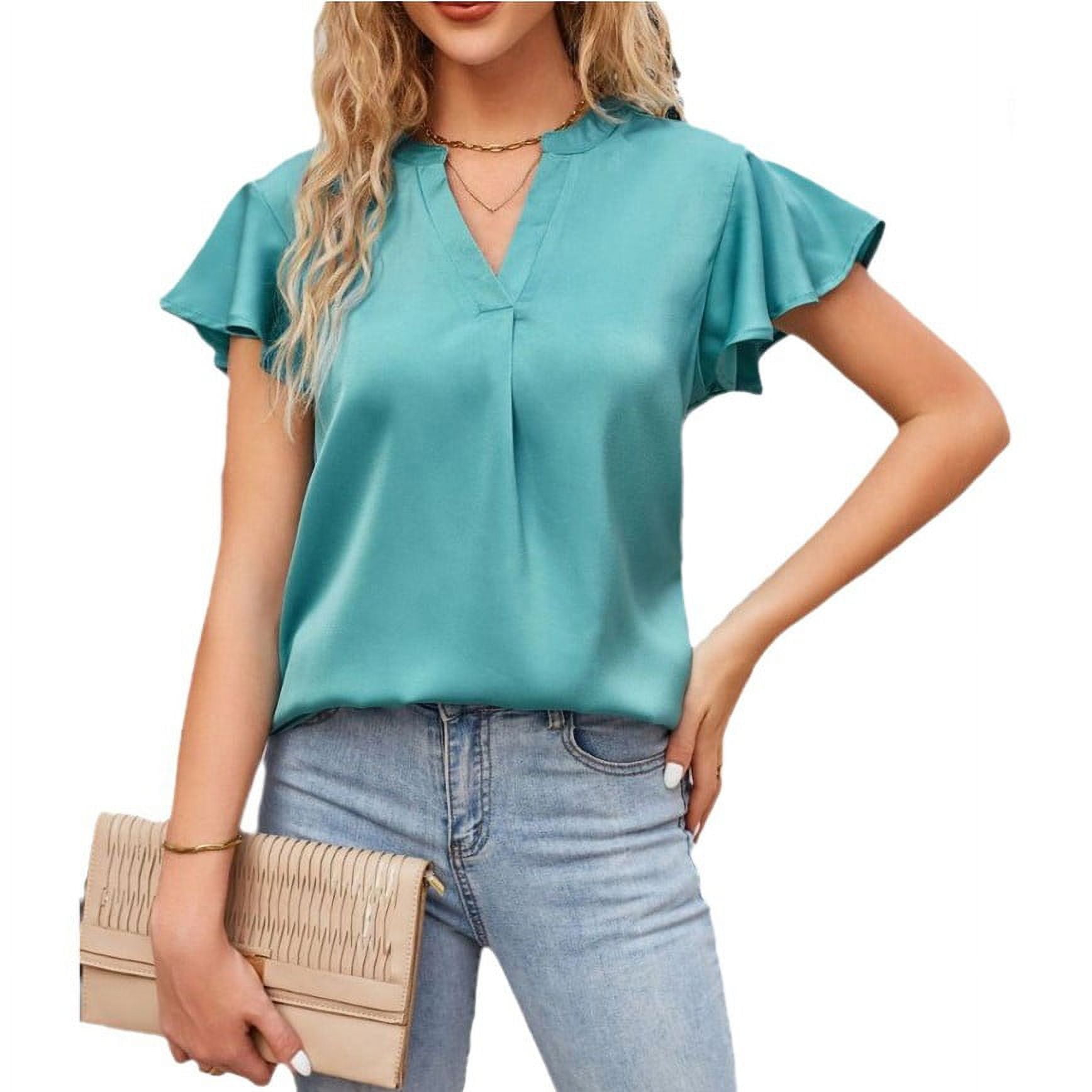 Ydkzymd Ruffle Tunic Tops for Women Satin Short Sleeve Pleated Shirts V ...
