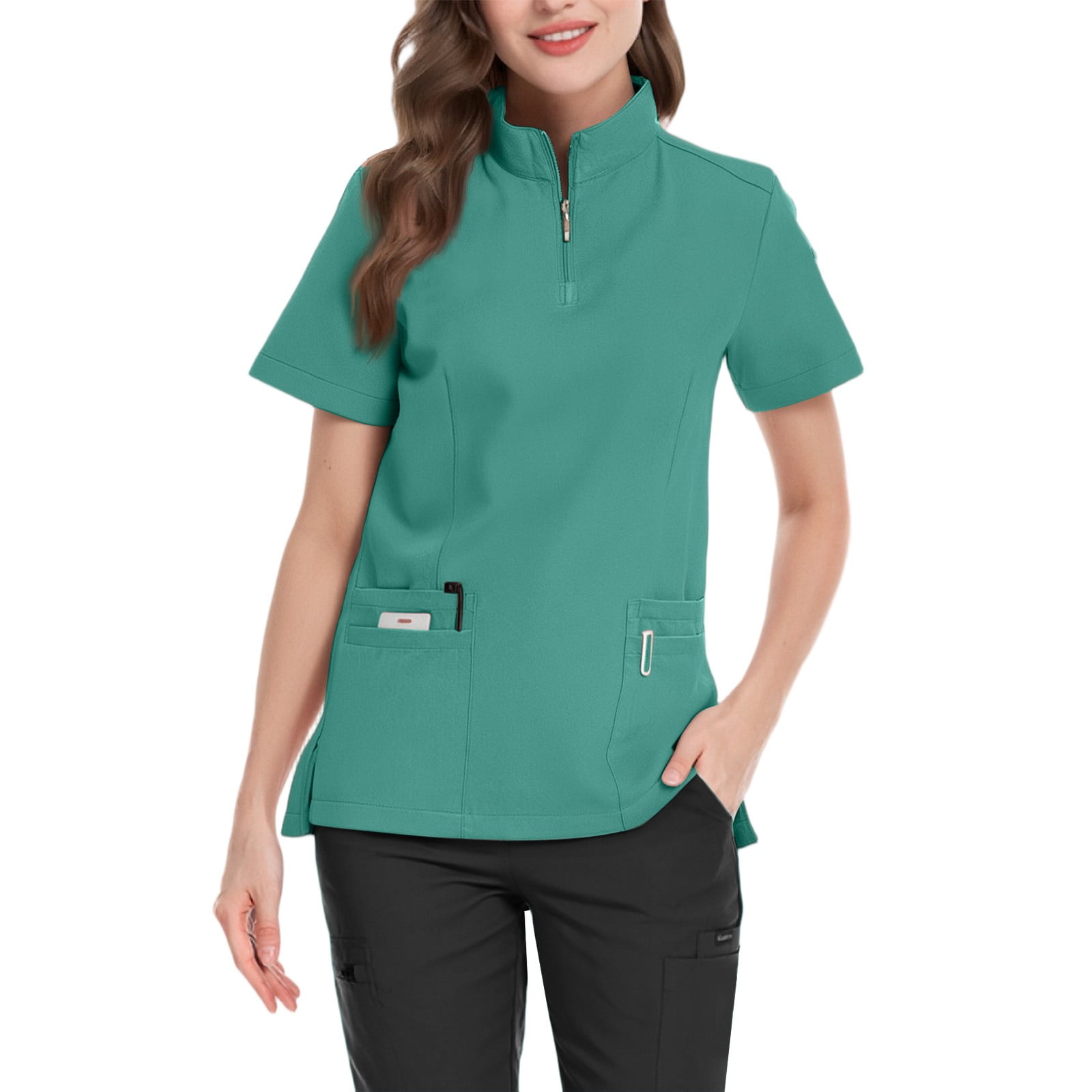 Ydkzymd Scrubs Top for Women Zip Mock Neck Short Sleeve Nurse Uniforms ...