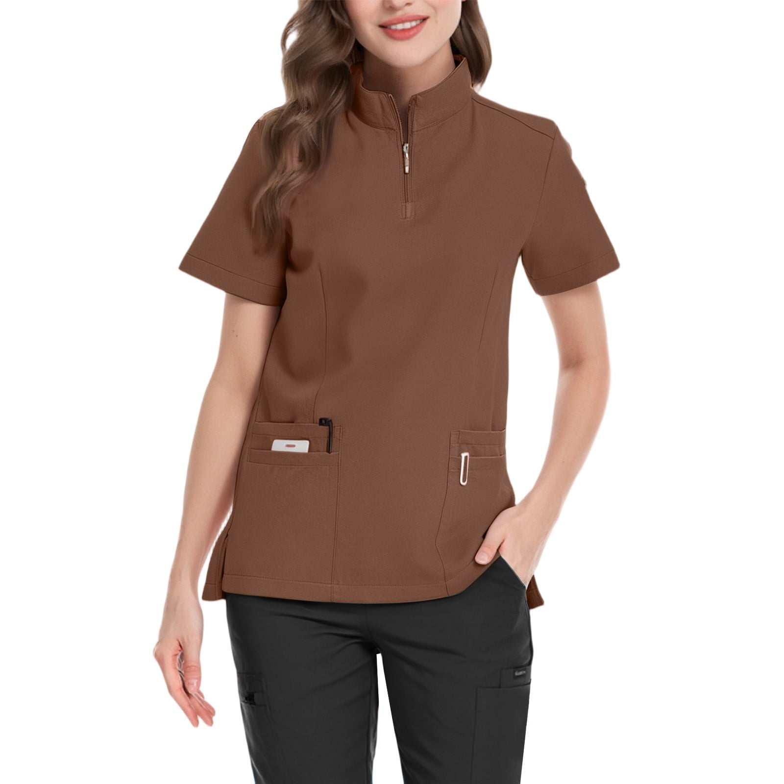 Ydkzymd Summer Scrub Tops Women Zip Mock Neck with Pockets Nursing ...