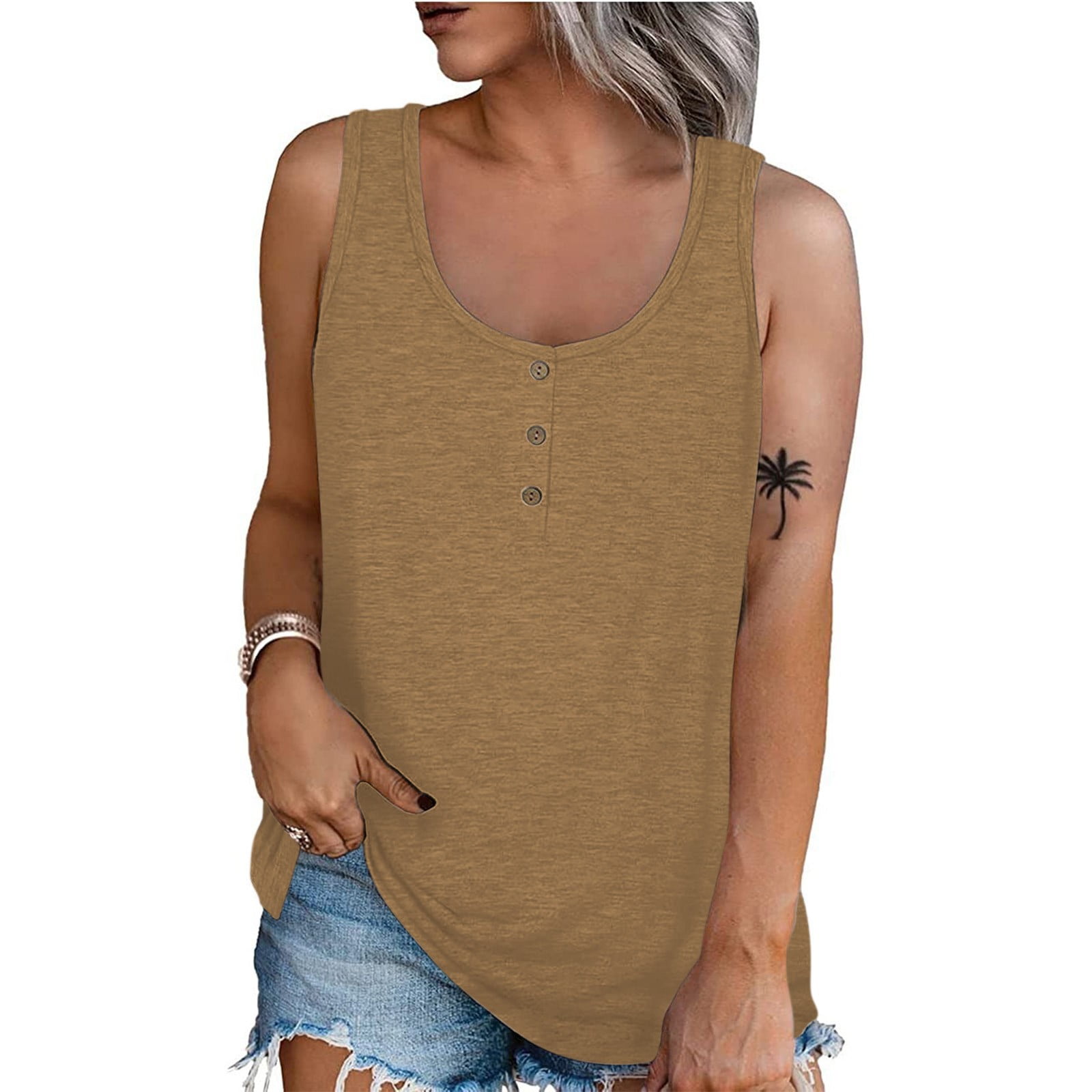 Ydkzymd Tank Tops for Women Plus Size Khaki Solid Color Cozy Plus Size T Shirts Sleeveless Comfy ...