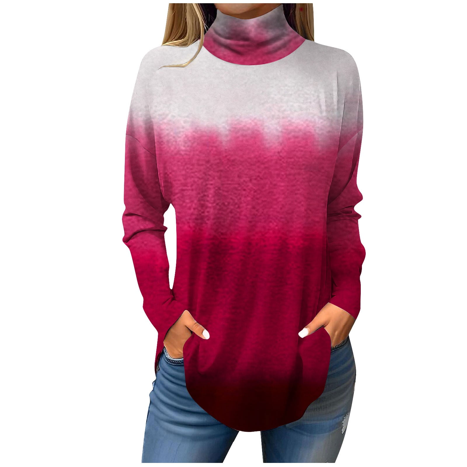 Ydkzymd Thin Long Sleeve Shirts Women Hot Pink Plus Size Turtleneck ...