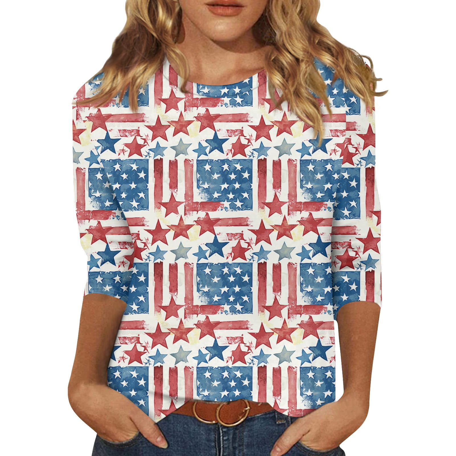 Ydkzymd Women's Independence Day Top Elbow Length Crew Neck Stars and ...