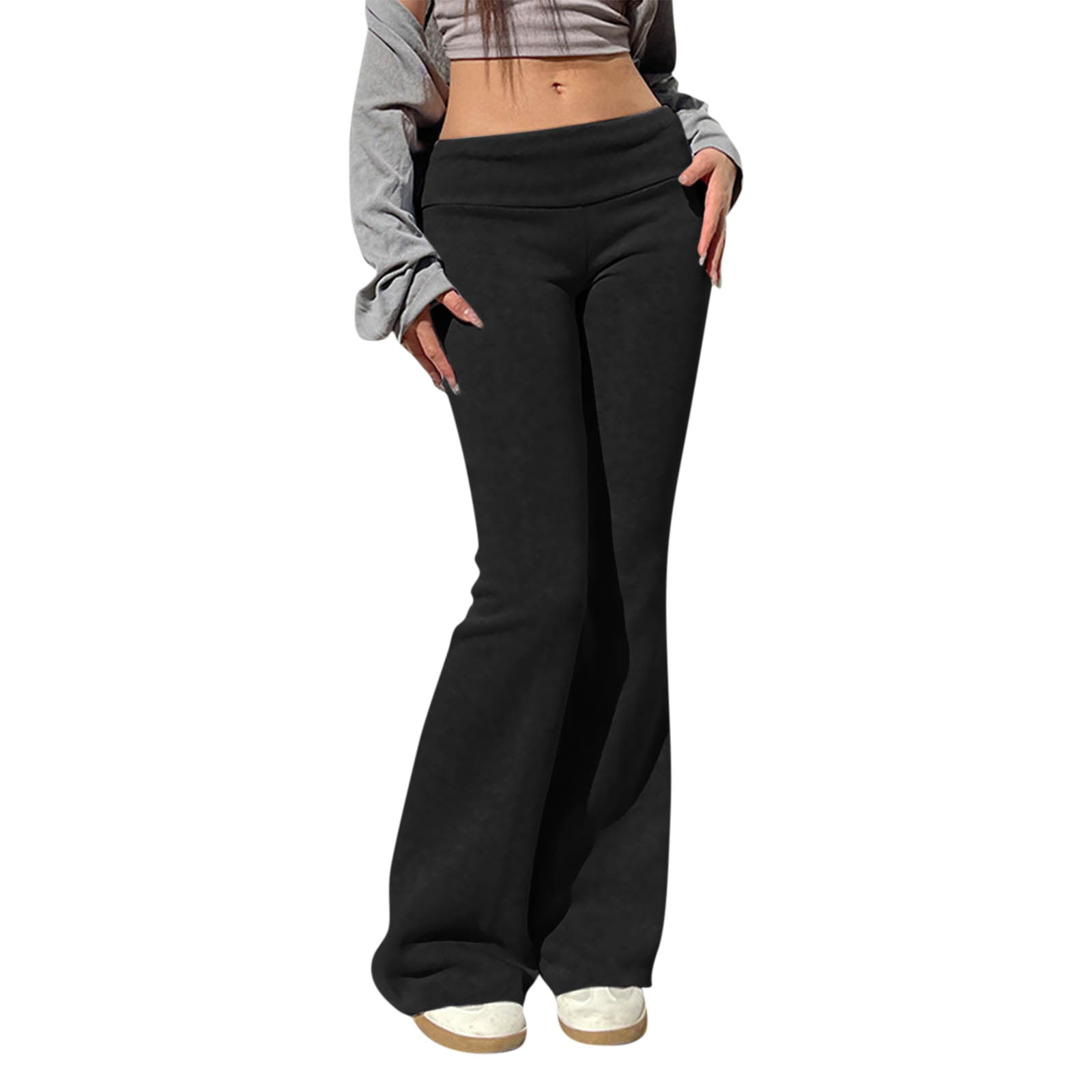 Ydkzymd Womens Capri Fold Over Flare Leggings Comfy Low Rise Bell ...