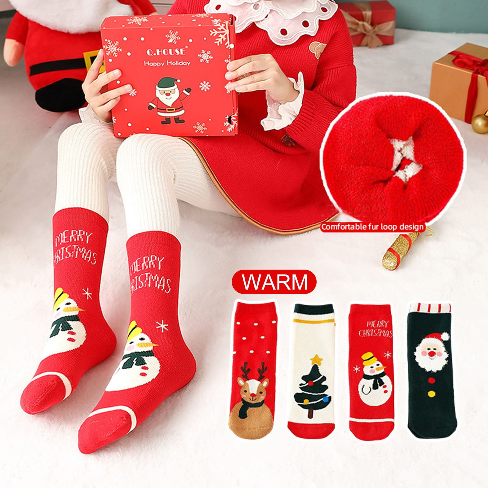 Ydojg 4 Pack Cotton Children Kids Socks Winter Socks Baby Christmas ...