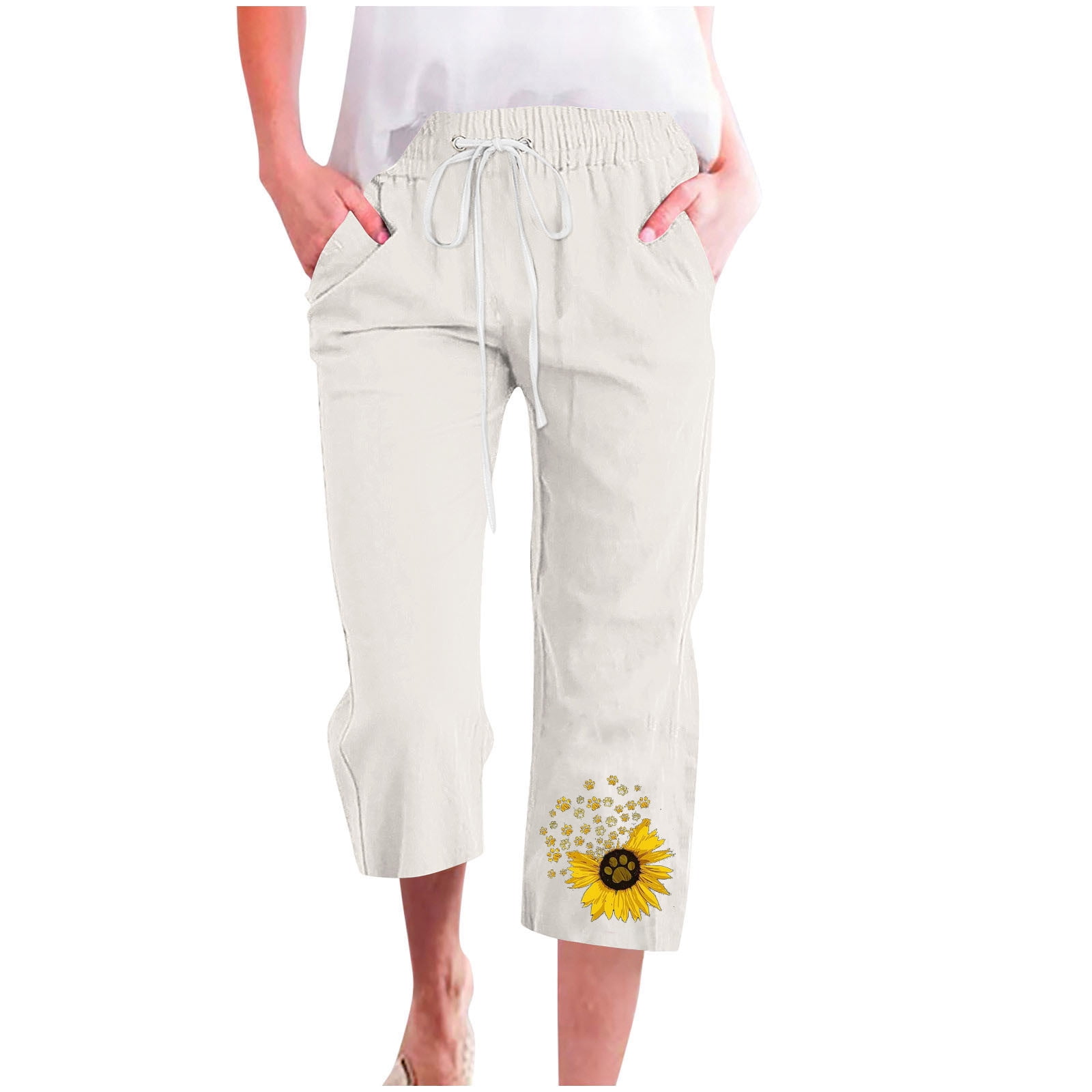 YeJammarp Cotton Linen Capris Women Elastic Waist Drawstring Capri ...