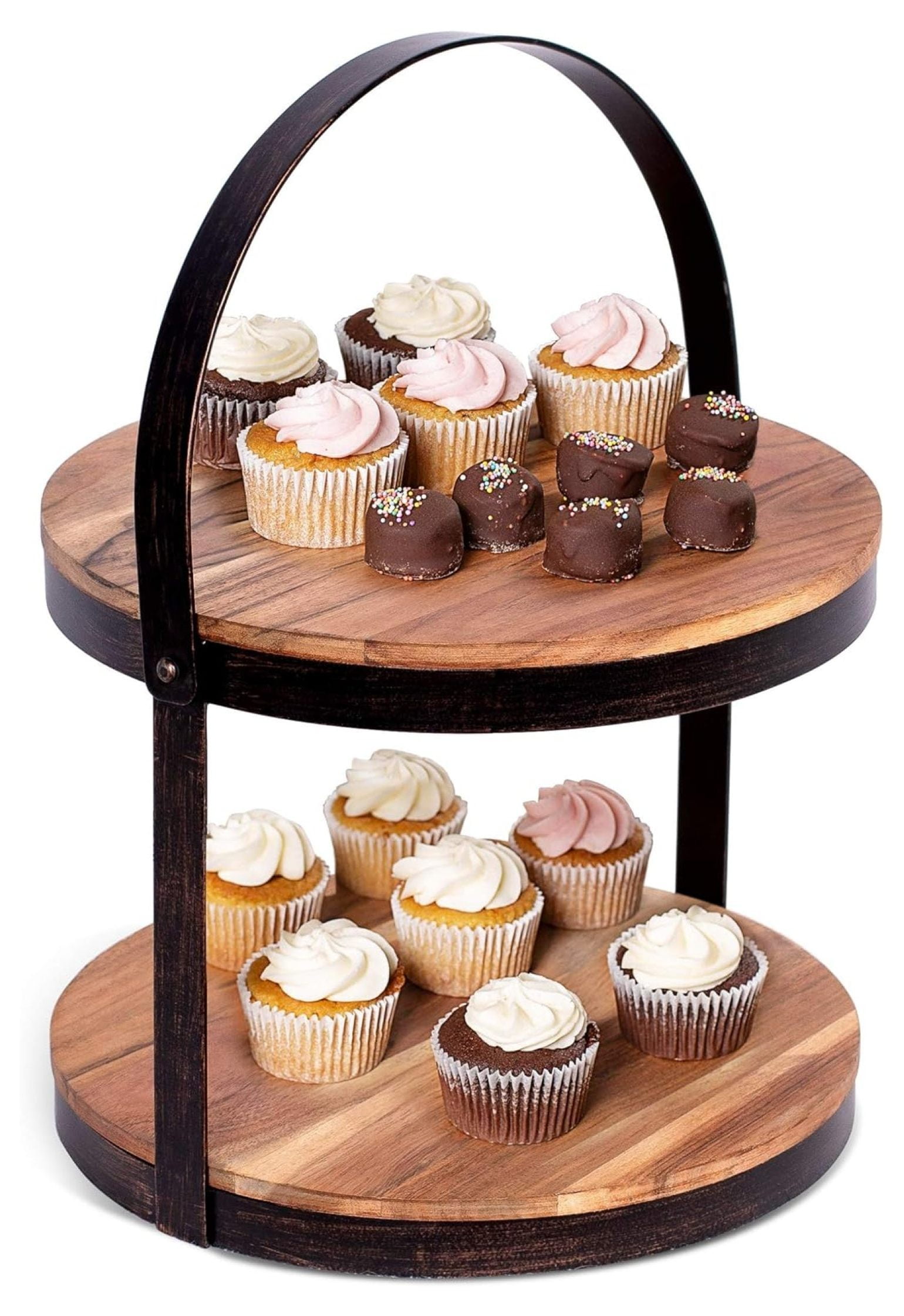 YeSayH 2-Tier Cupcake and Cake Stand with Handle - Wood Iron Dessert ...