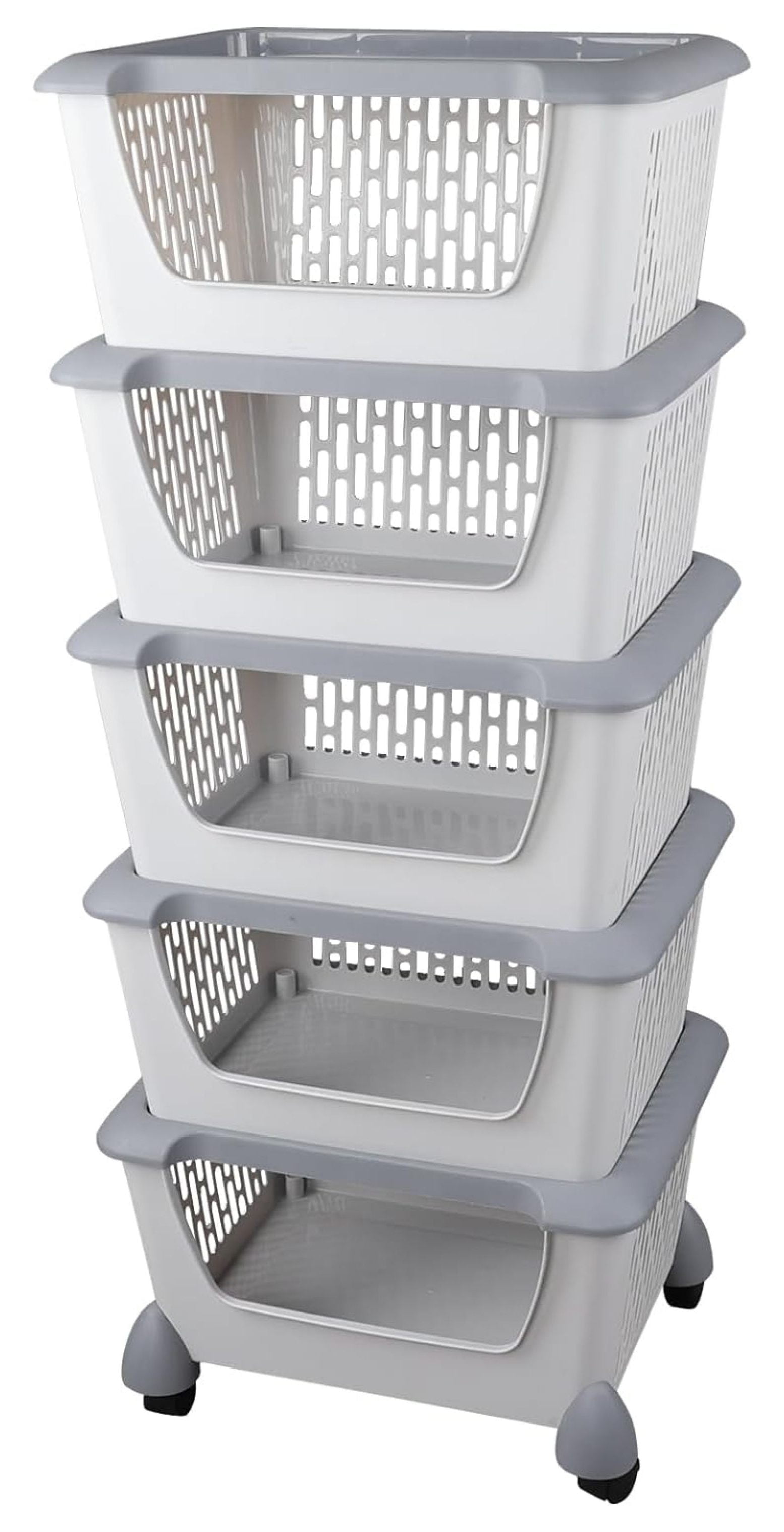 YeSayH 5 Tiers Plastic Stackable Baskets with Wheels, Grey Stacking ...