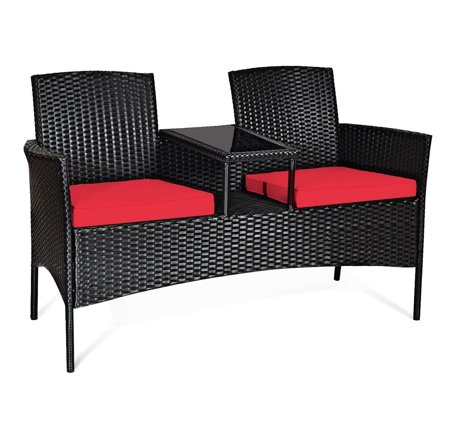 YeSayH Patio Rattan Conversation Set Seat Sofa Cushioned Loveseat Glass ...