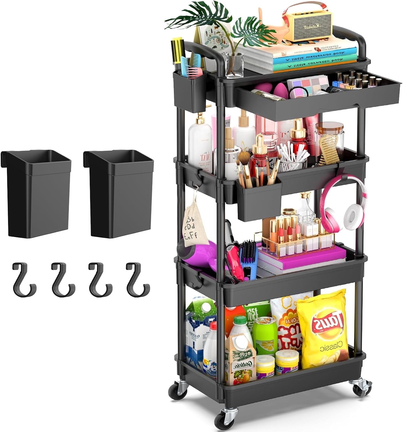 "Yeabett 4 Tier Organizer Cart, Plastic Rolling Storage with Drawer ...