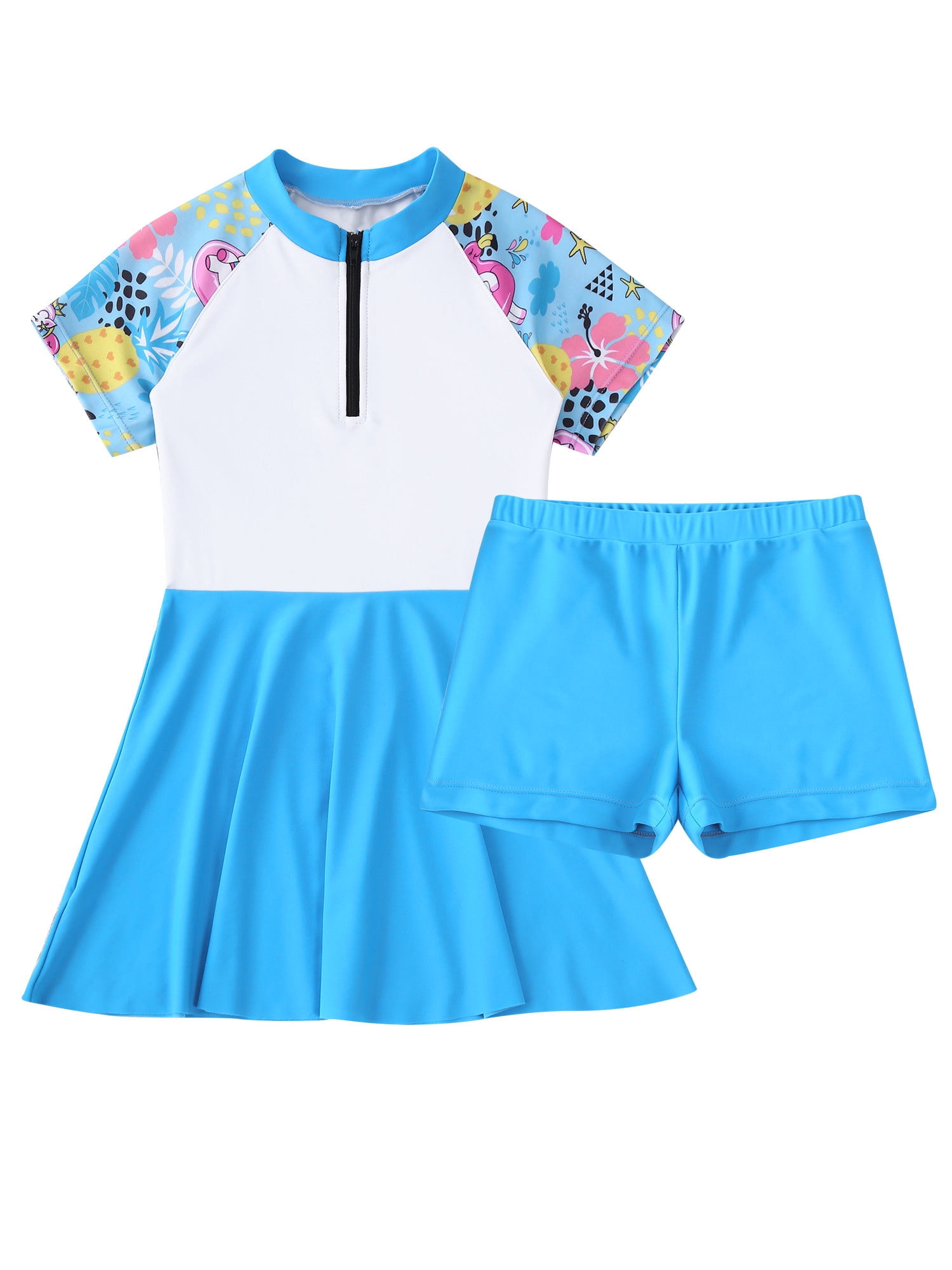 Yeahdor 2Pcs Girls Short Sleeve Swimwear Front Zipper Swimming Dress ...