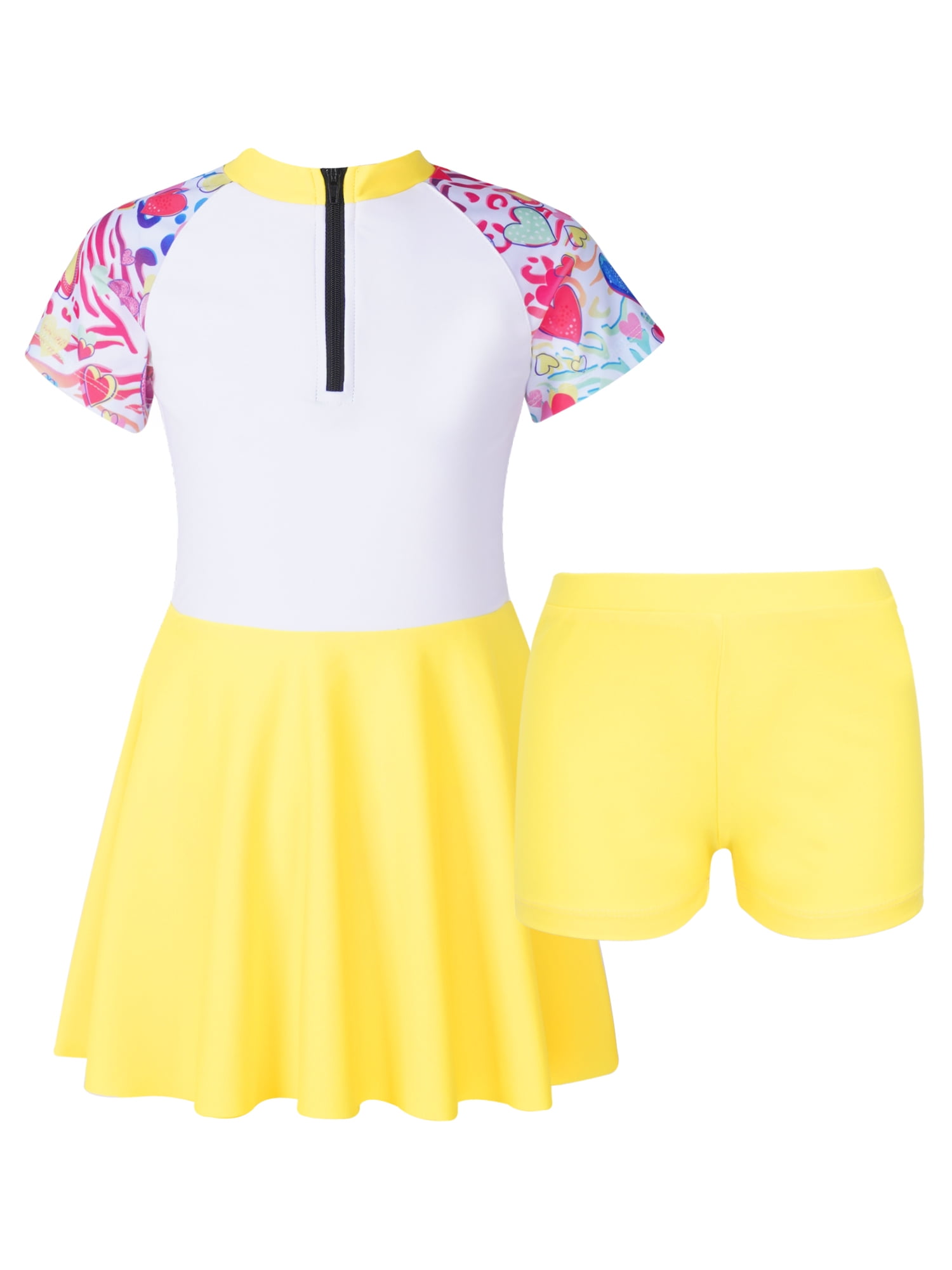 Yeahdor 2Pcs Girls Short Sleeve Swimwear Front Zipper Swimming Dress ...