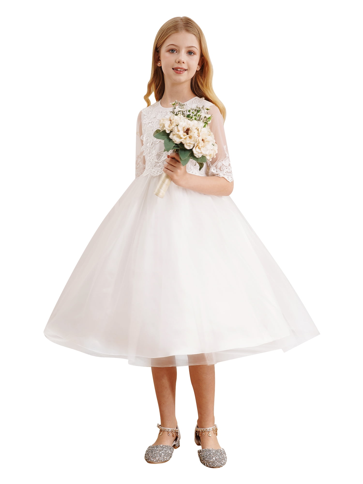 Yeahdor Flower Girl Dress Embroidery Mesh Half Sleeve Party Ball Gown ...