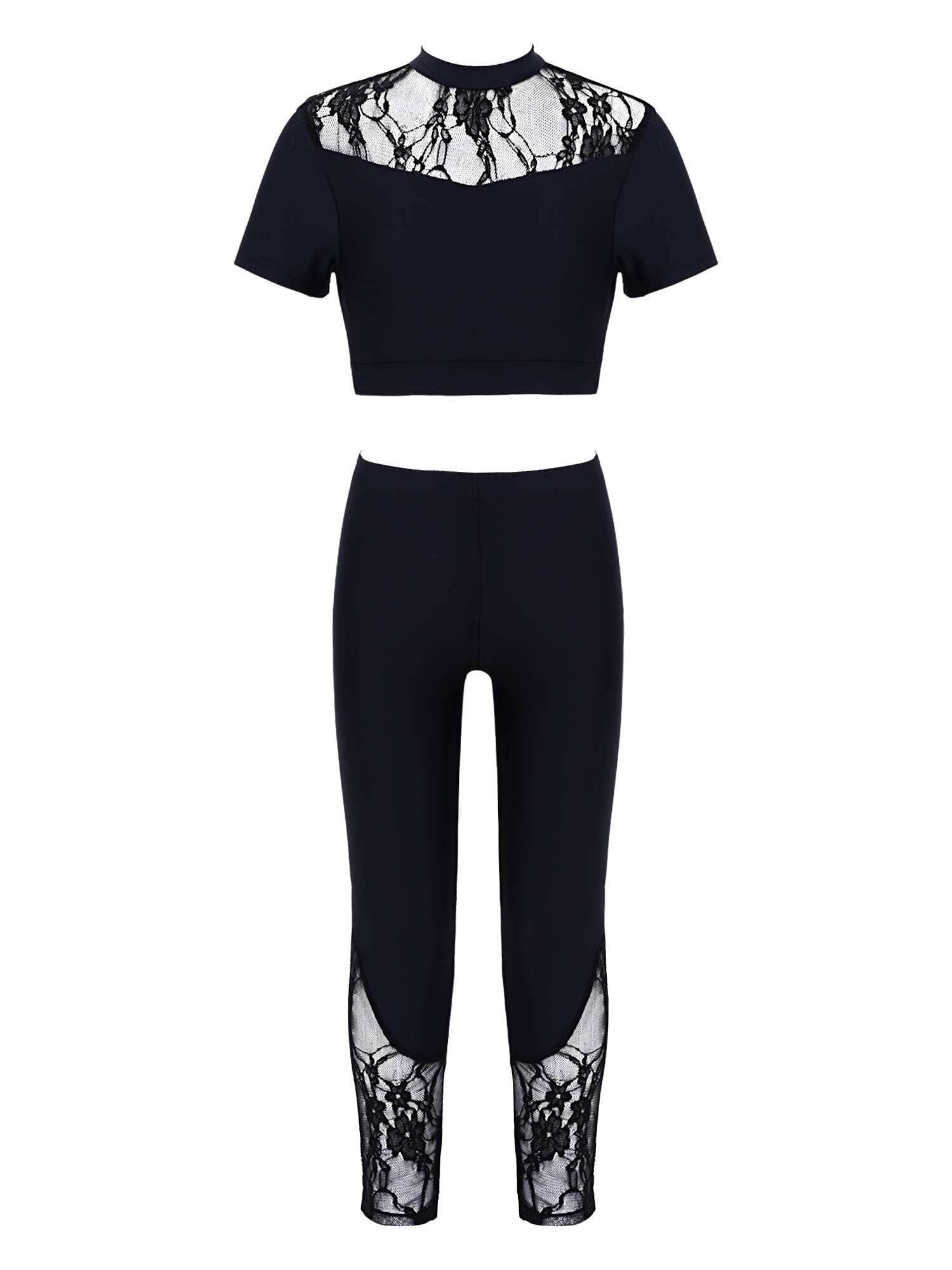 Yeahdor Girls 2 Piece Lace Sports Outfit Short Sleeve Crop Top with ...