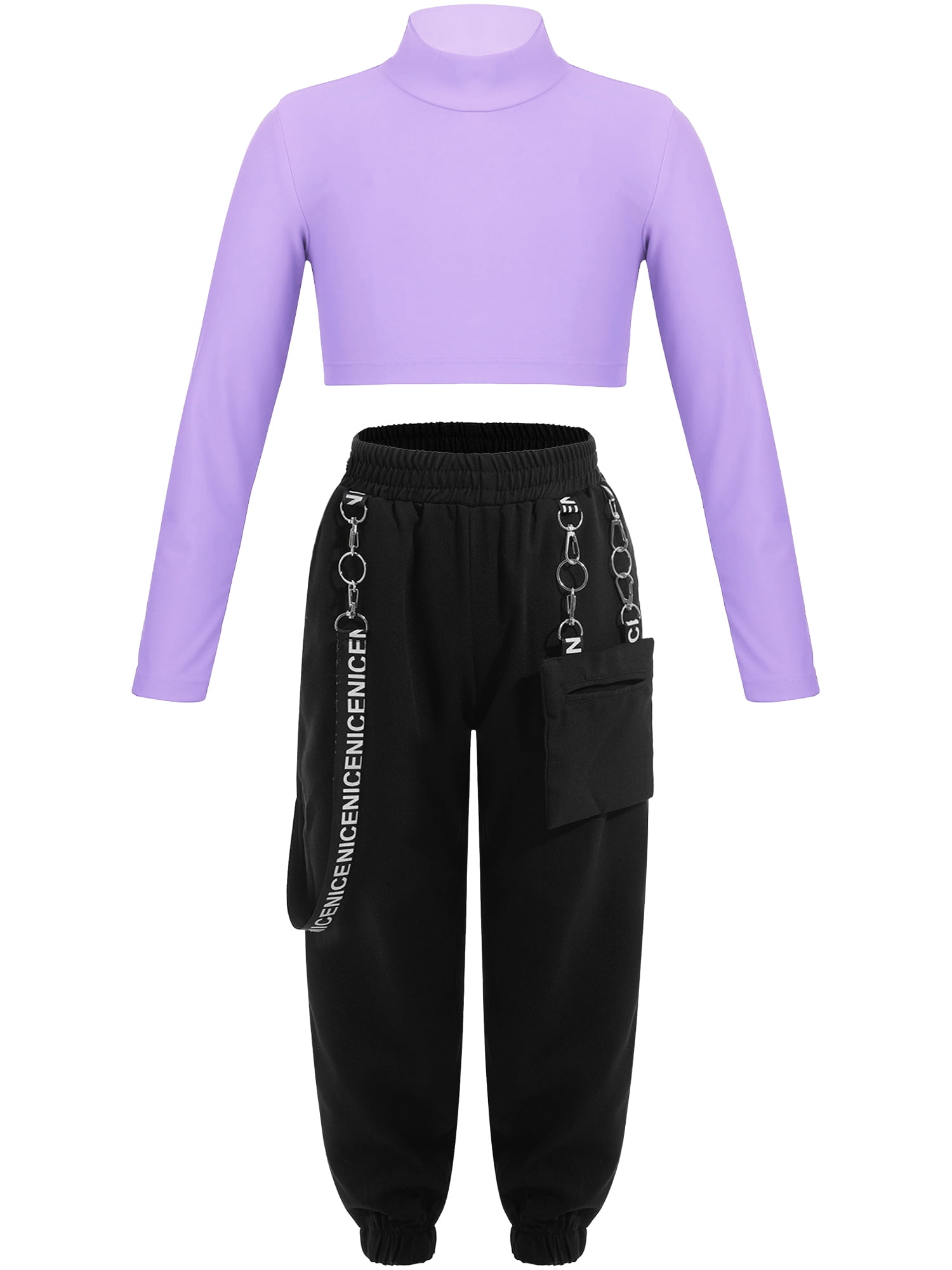 Yeahdor Girls Long Sleeve Crop Top with Chain Pocket Sweatpants Dance ...