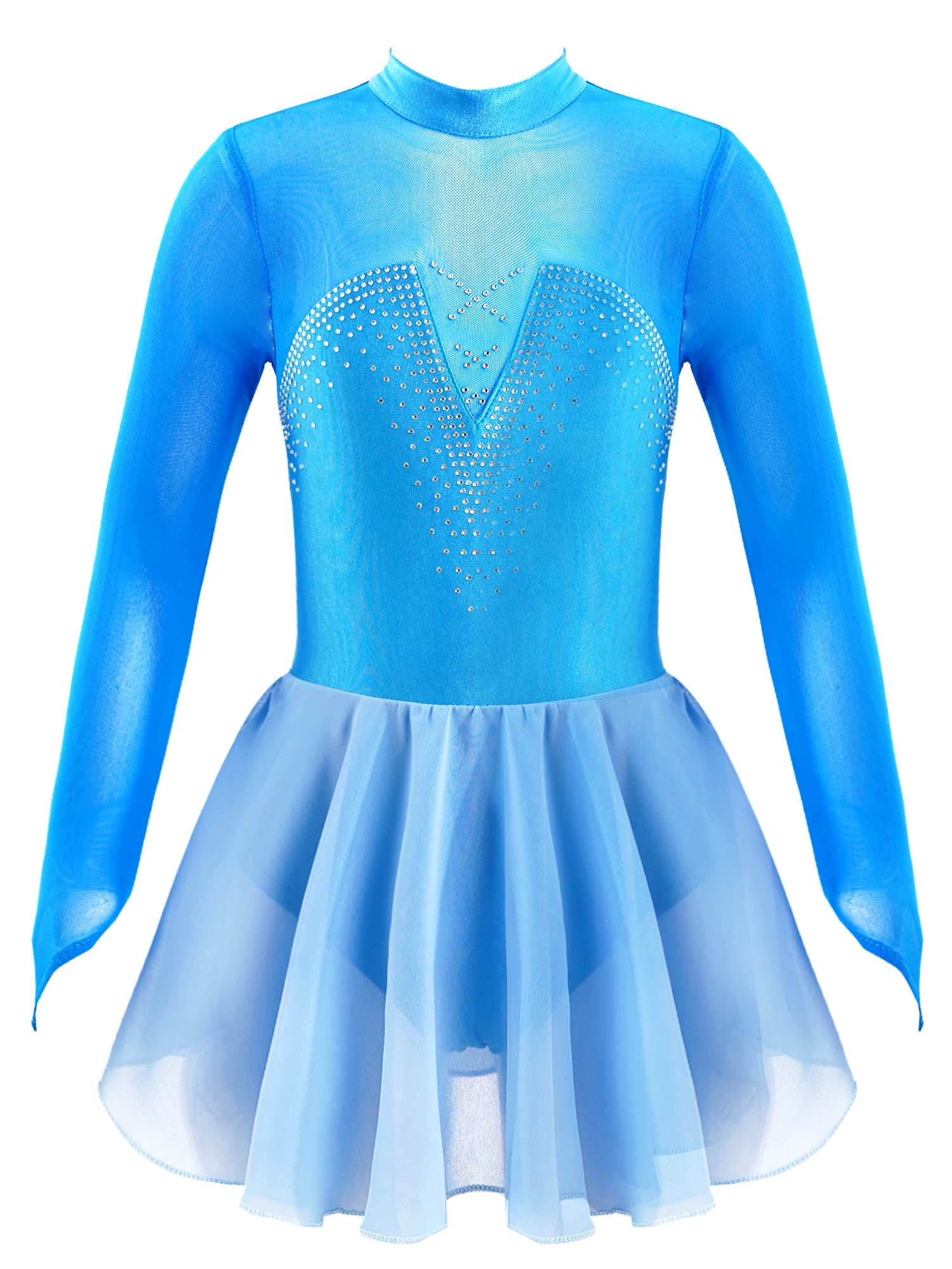 Yeahdor Girls Long Sleeves Figure Ice Skating Dress Rhinestones Sheer ...