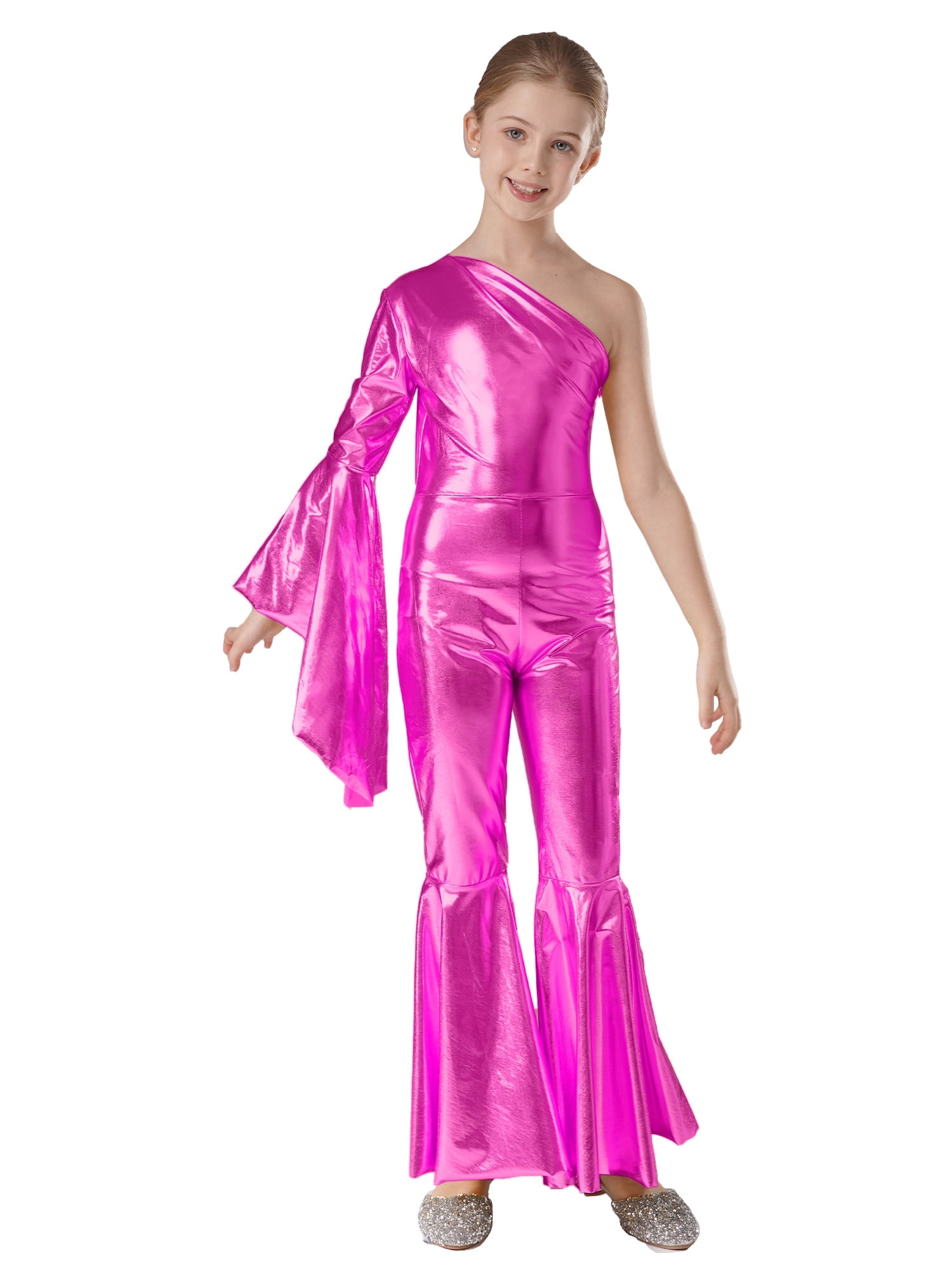 Yeahdor Girls Metallic Bell-Bottom Dance Jumpsuit One Shoulder Flare ...