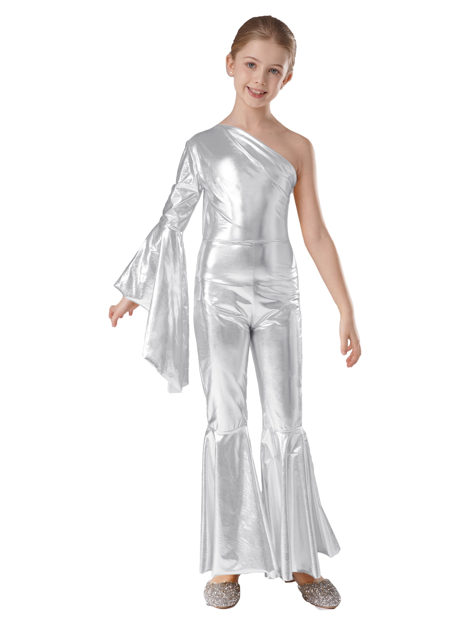 Yeahdor Girls Metallic Bell-Bottom Dance Jumpsuit One Shoulder Flare ...