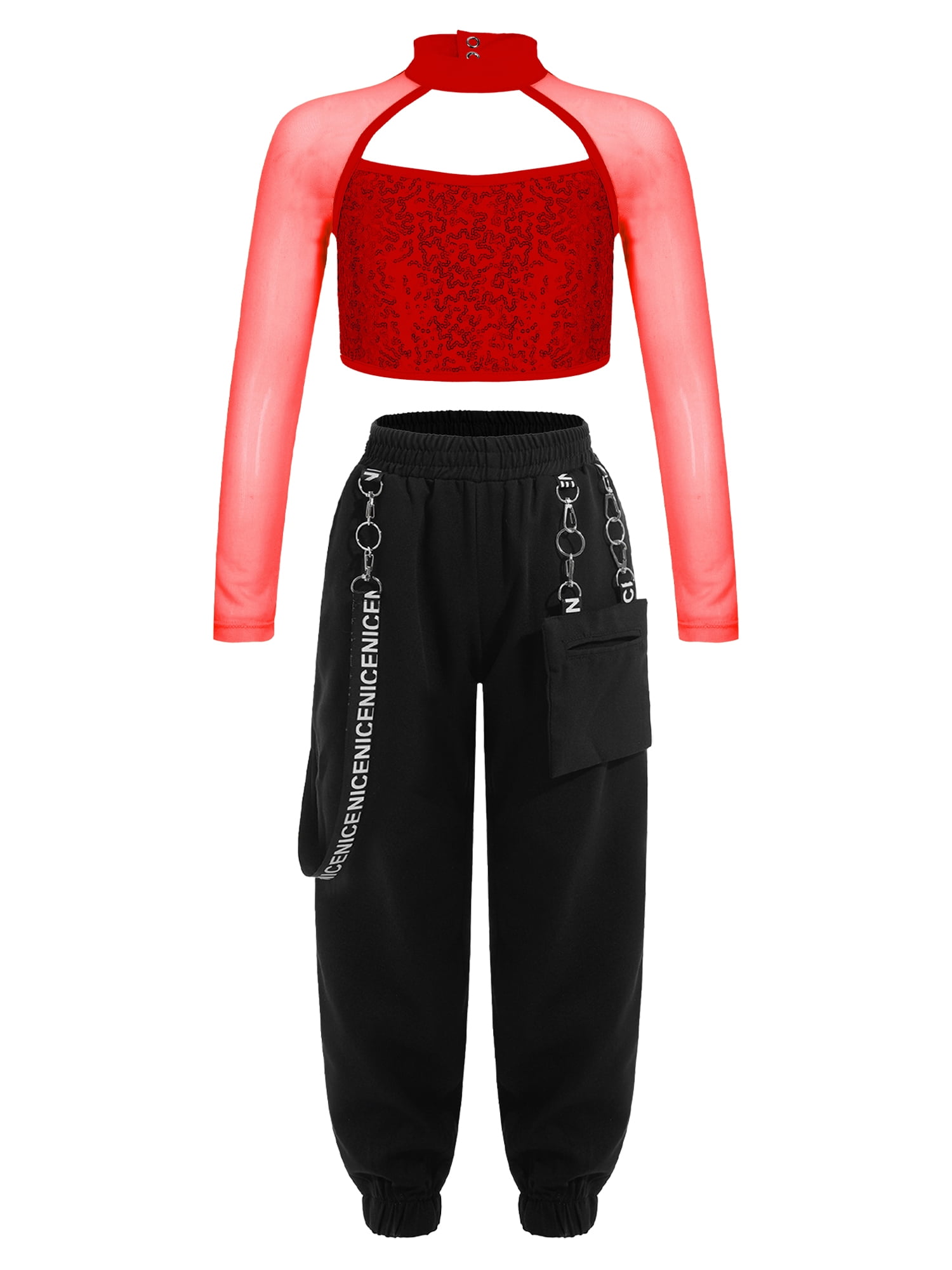 Yeahdor Girls Sequins Open Back Crop Top with Jogger Pants Dance Outfit ...