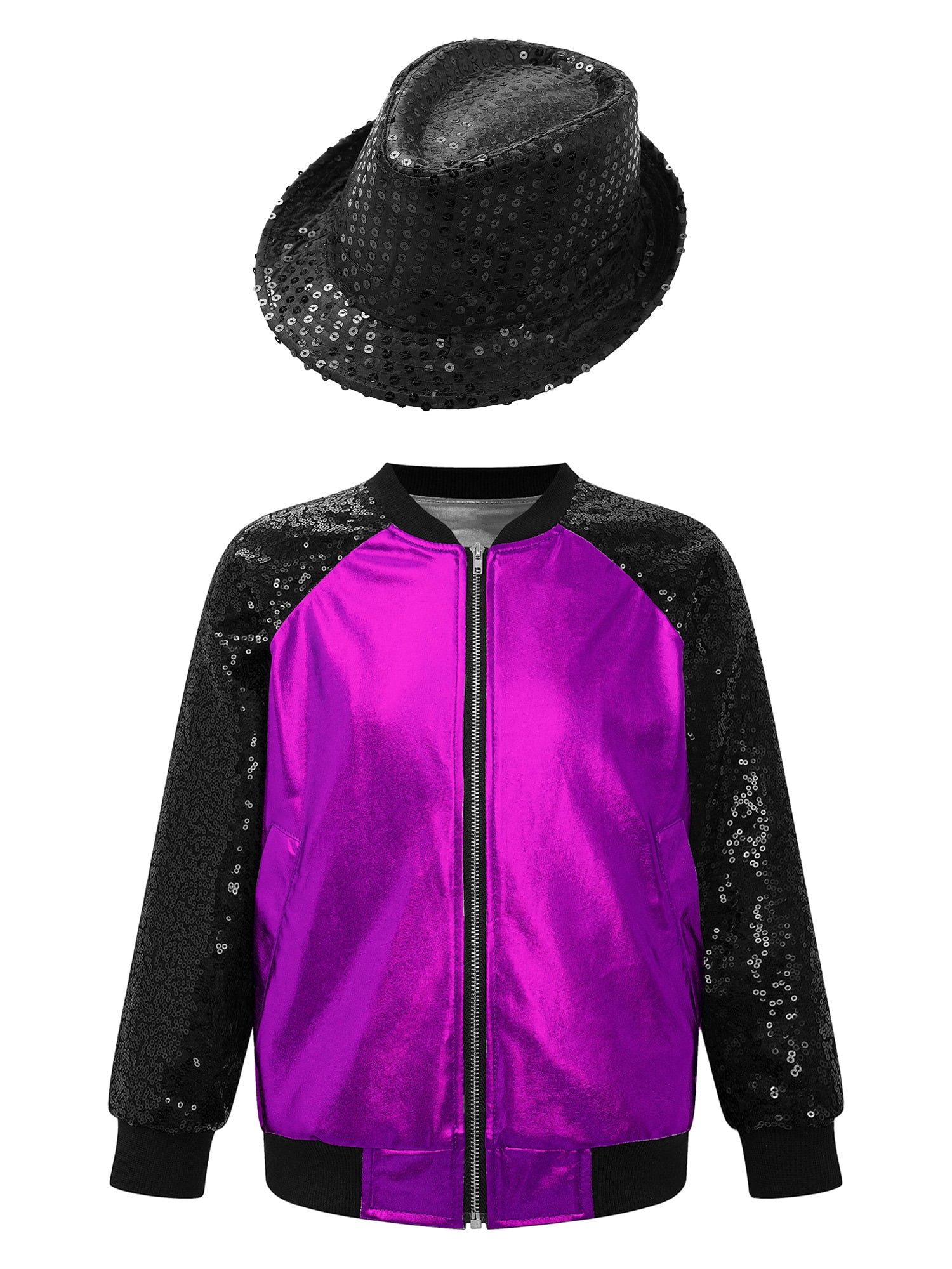 Yeahdor Kids Boys Metallic Bomber Flight Jacket with Hat Hip Hop Jazz ...