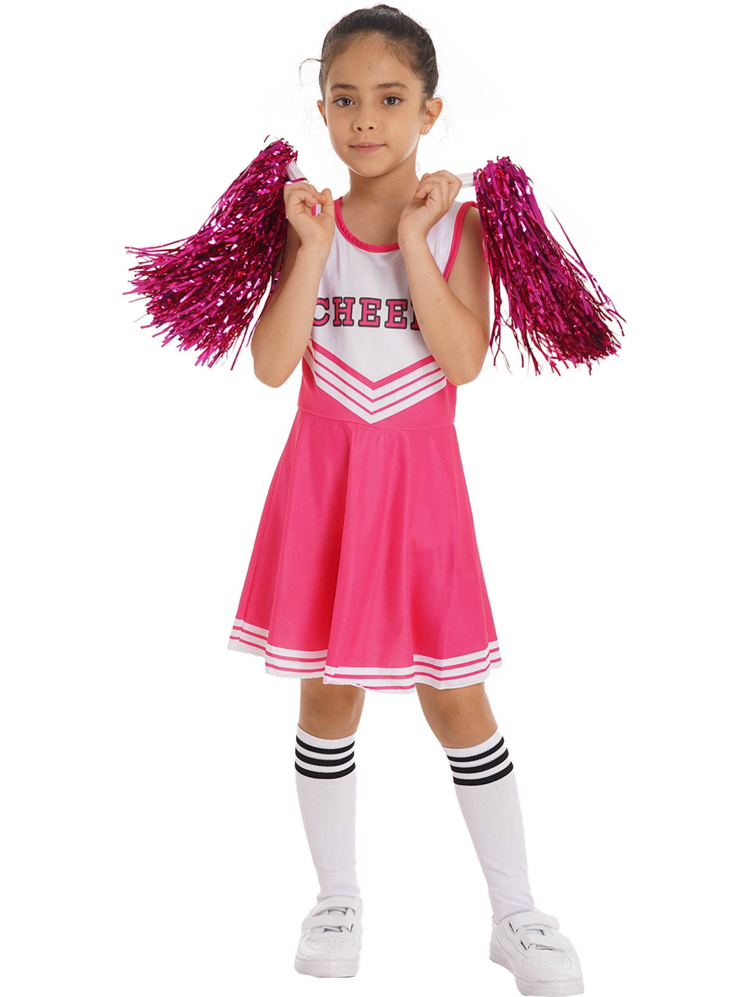 Yeahdor Kids Girls Cheer Leader Dress with Stockings and Poms Halloween ...