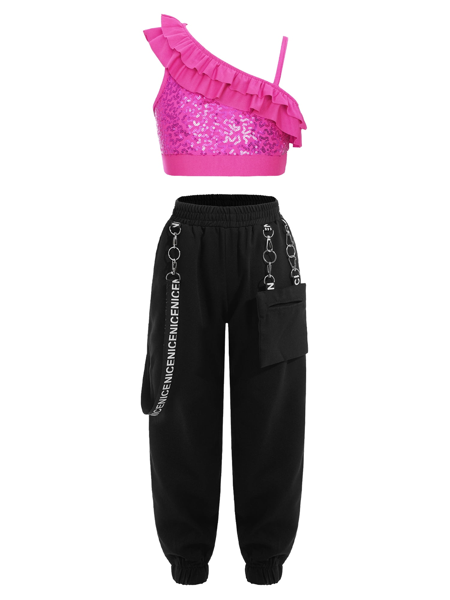 Yeahdor Kids Girls Hip Hop Dance Outfit Shiny Sequins Ruffles Trim Crop ...
