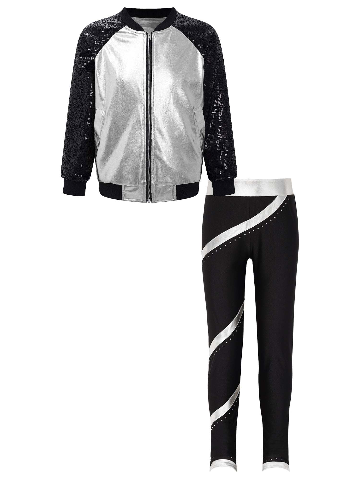 Yeahdor Kids Girls Metallic Sports Suit Long Sleeve Front Zipper Jacket ...