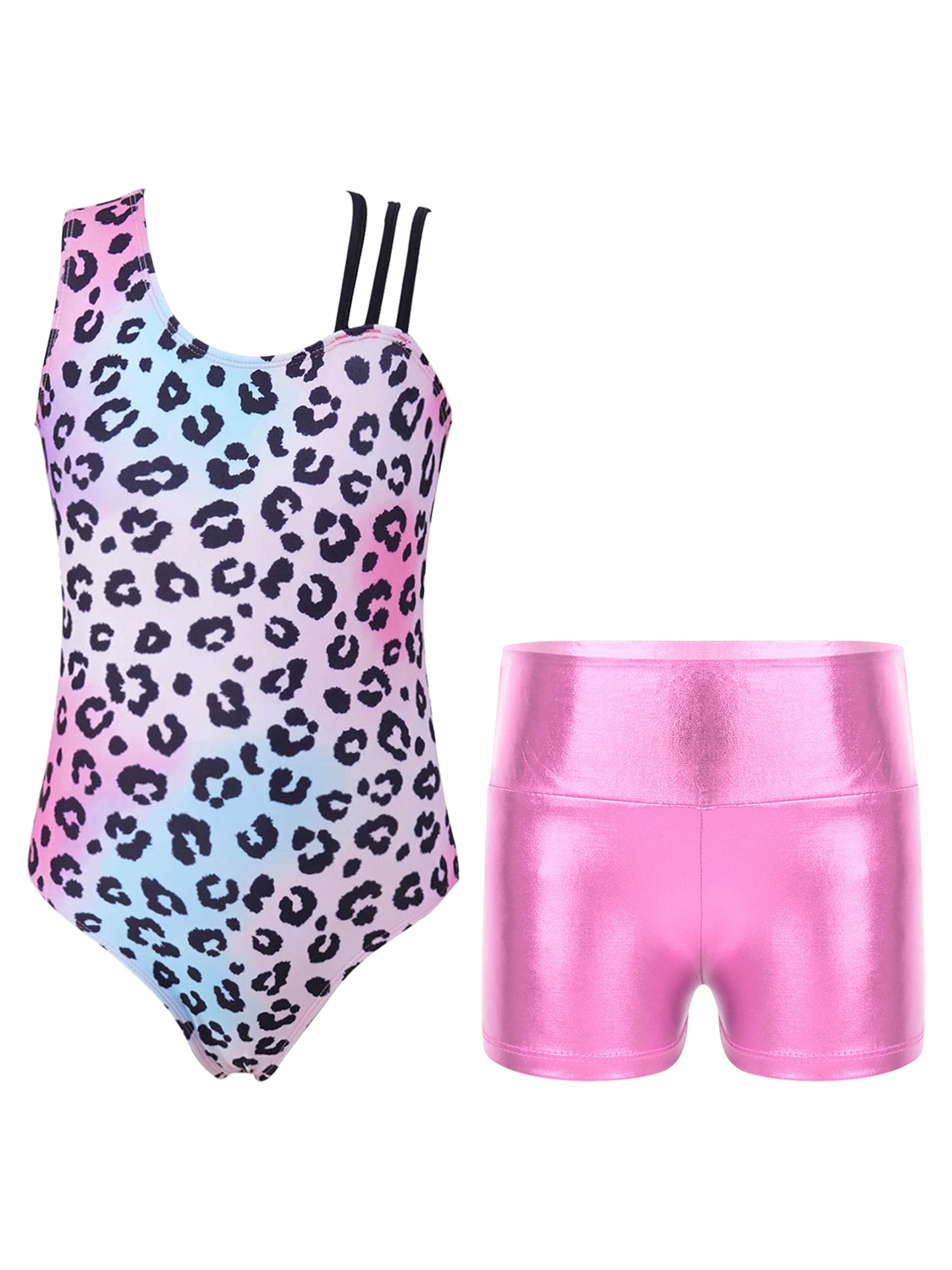 Yeahdor Kids Girls Printed Dance Set Asymmetric Shoulder Straps Leotard ...
