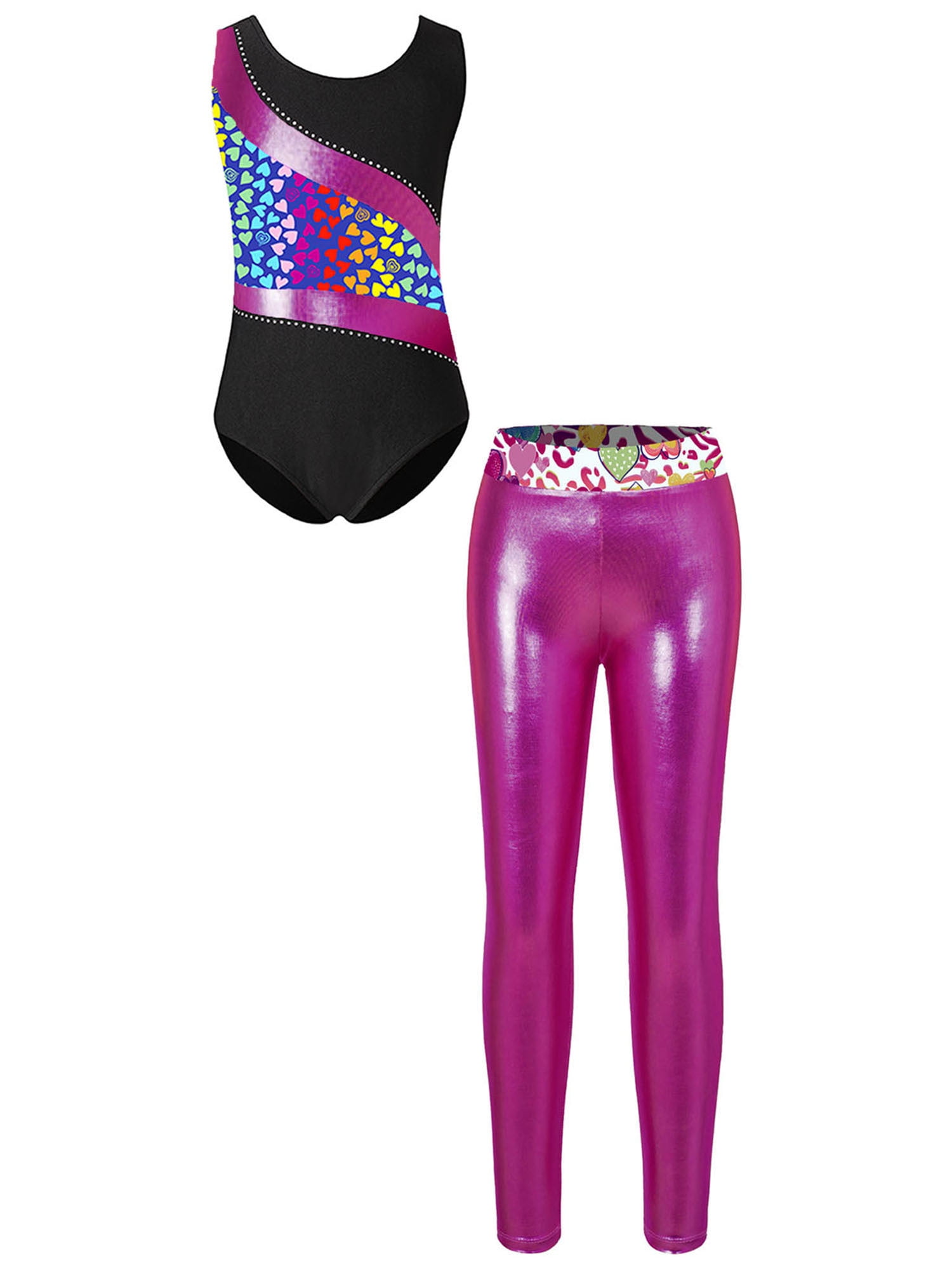 Yeahdor Kids Girls Sports Set Sleeveless Rhinestones Printed Leotard ...