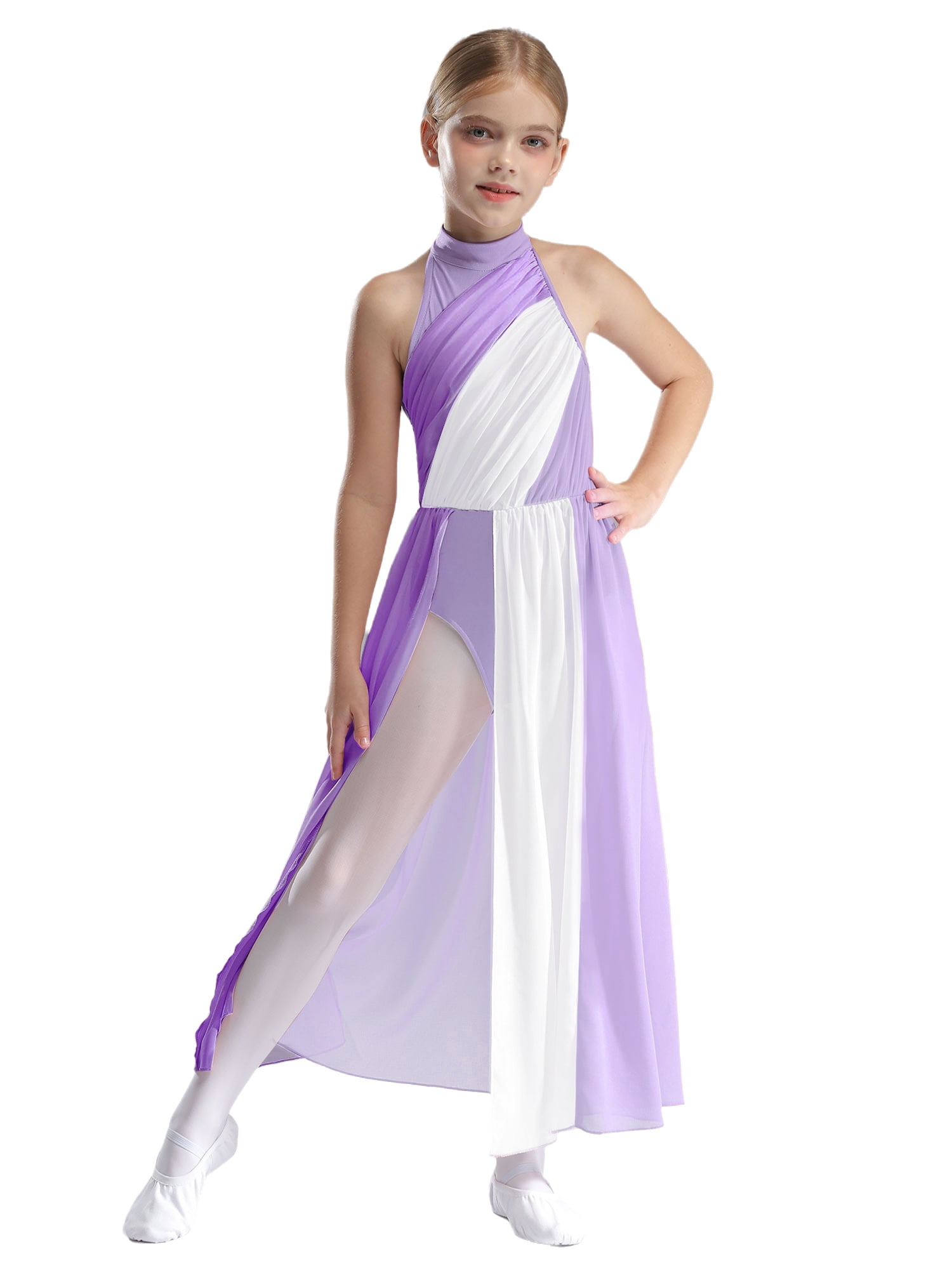 Yeahdor Lyrical Dance Dresses for Girls Color Block Flowy Chiffon Maxi ...