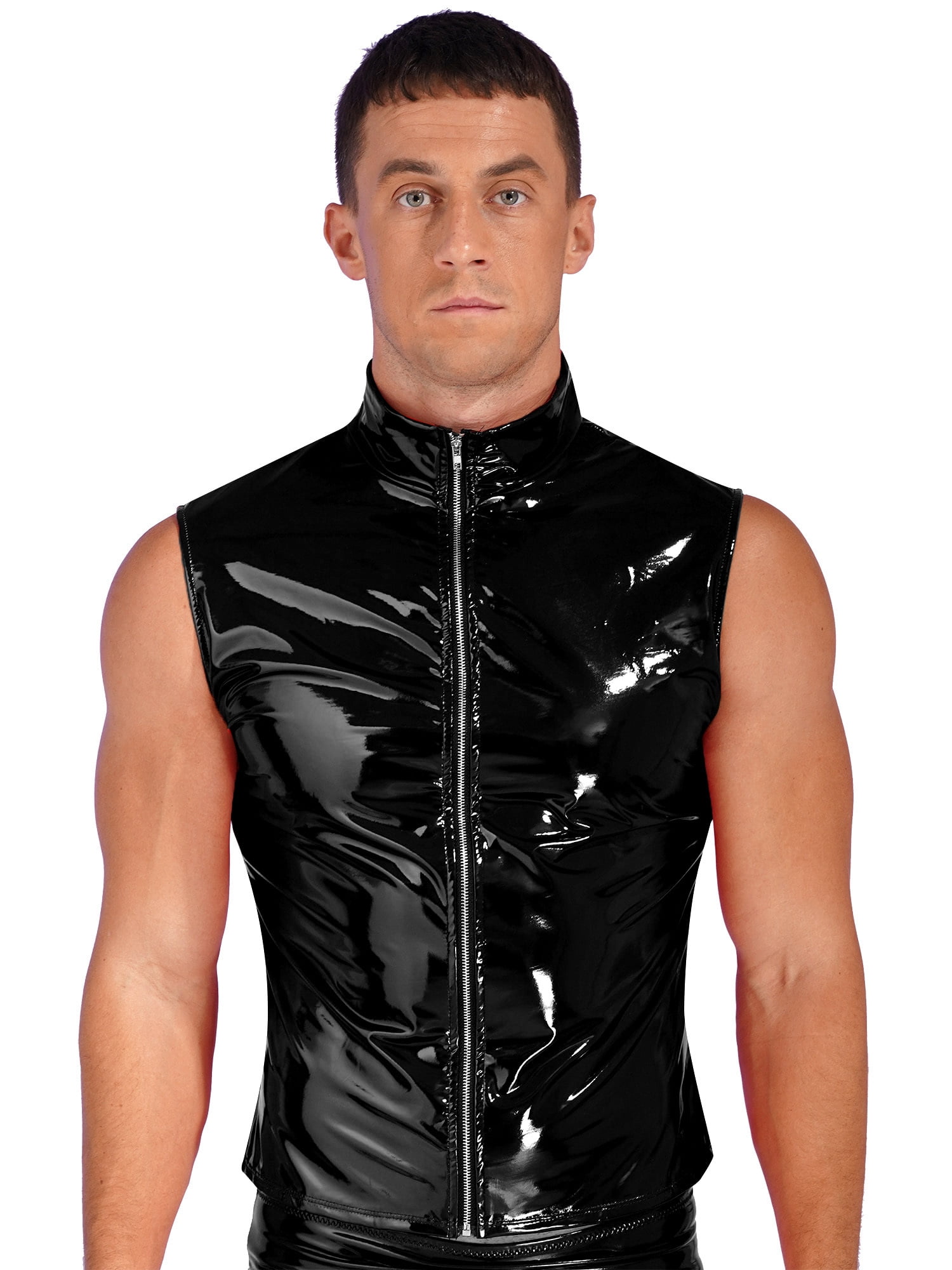 Yeahdor Mens Zipper Sleeveless Tops Wet Look Patent Leather Vest Tops ...