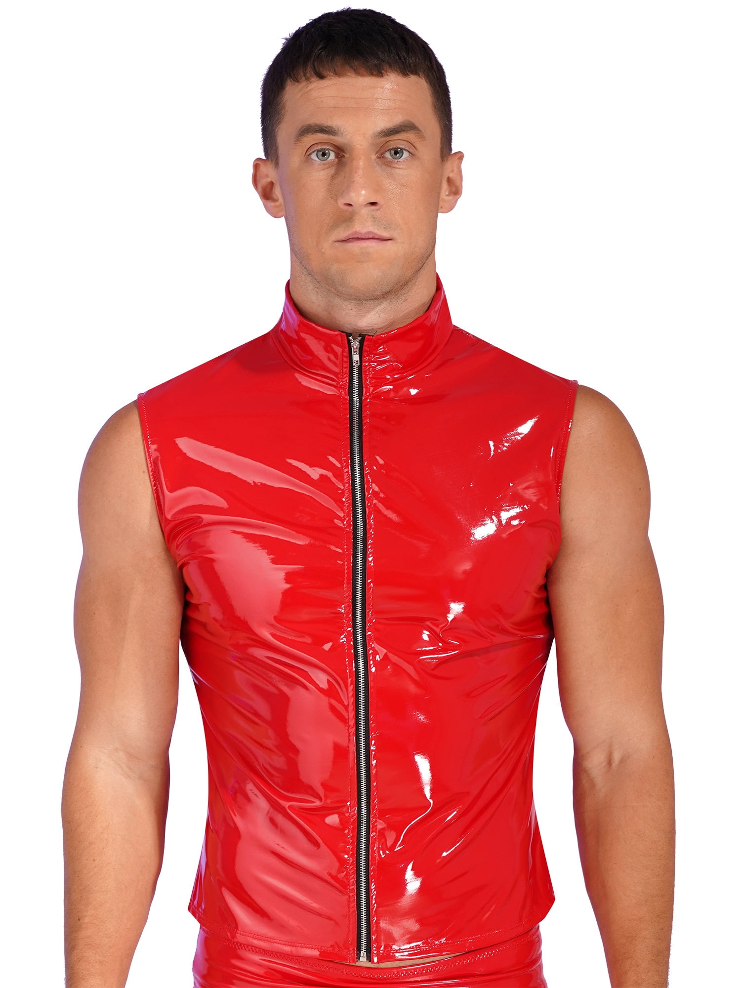 Yeahdor Mens Zipper Sleeveless Tops Wet Look Patent Leather Vest Tops ...