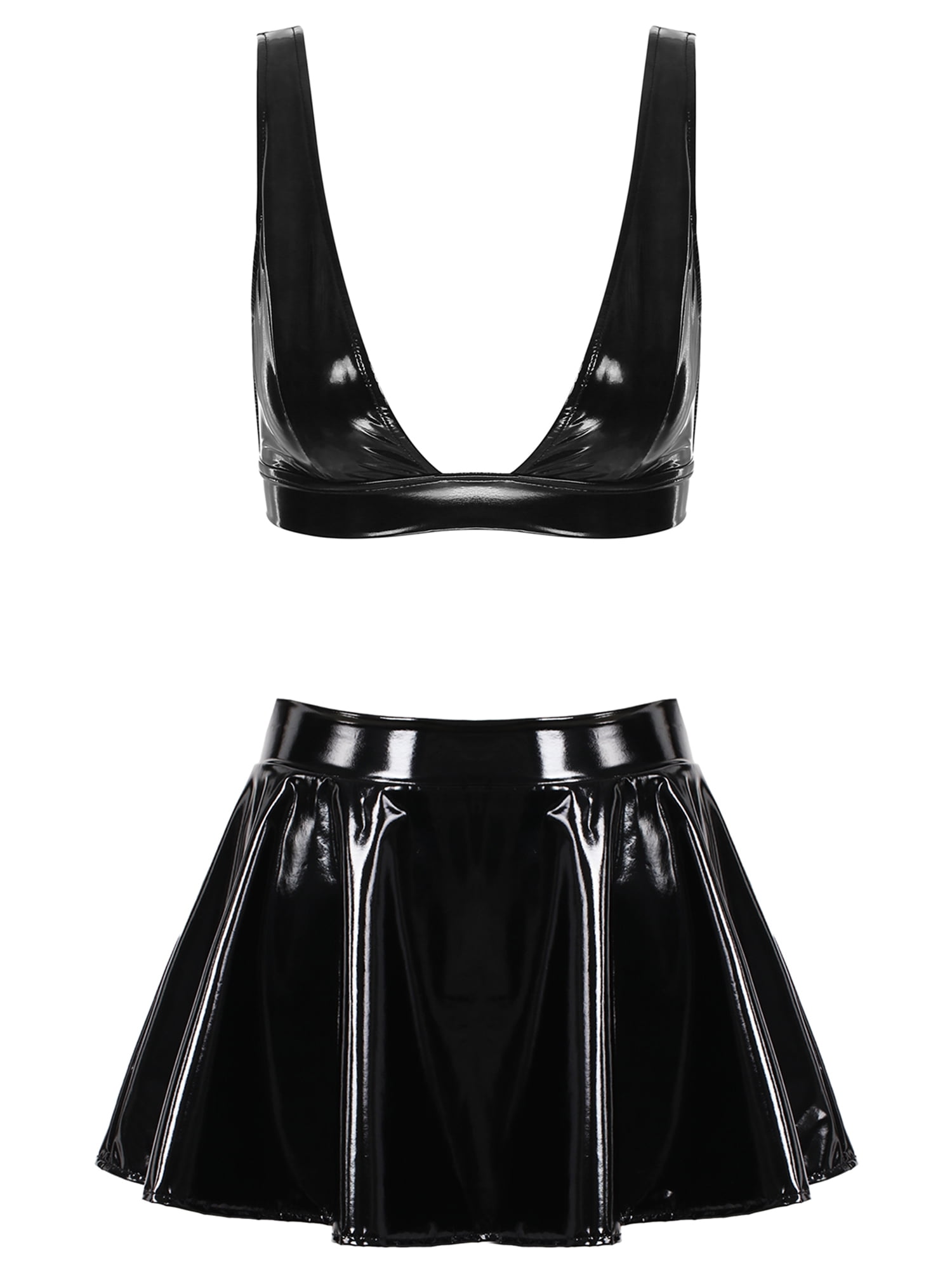 Yeahdor Womens Shiny Patent Leather Rave Dance Set Latex Wide Shoulder ...