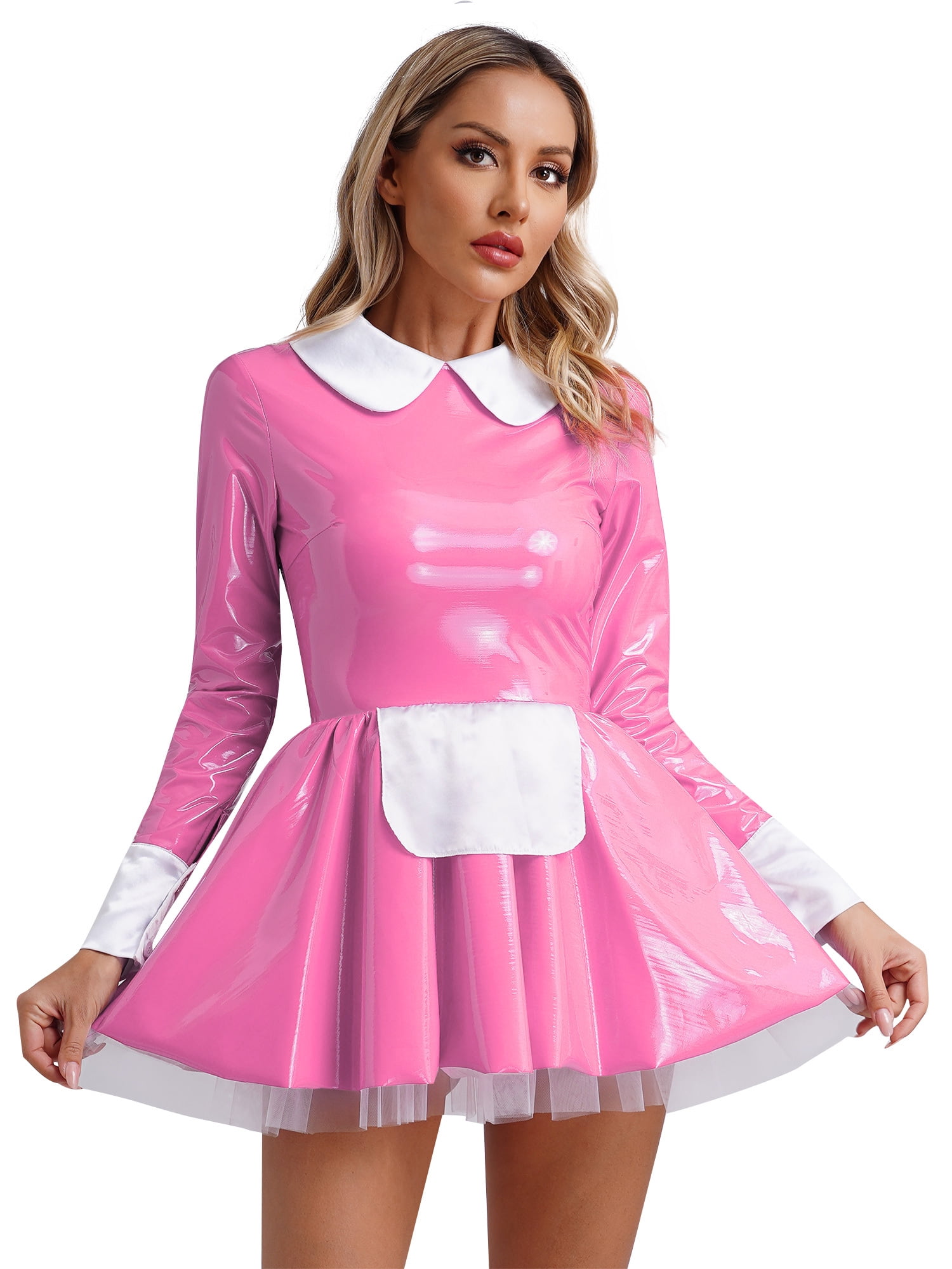 Yeahdor Womens Sweet Maid Cosplay Costume Patent Leather Dress Long ...