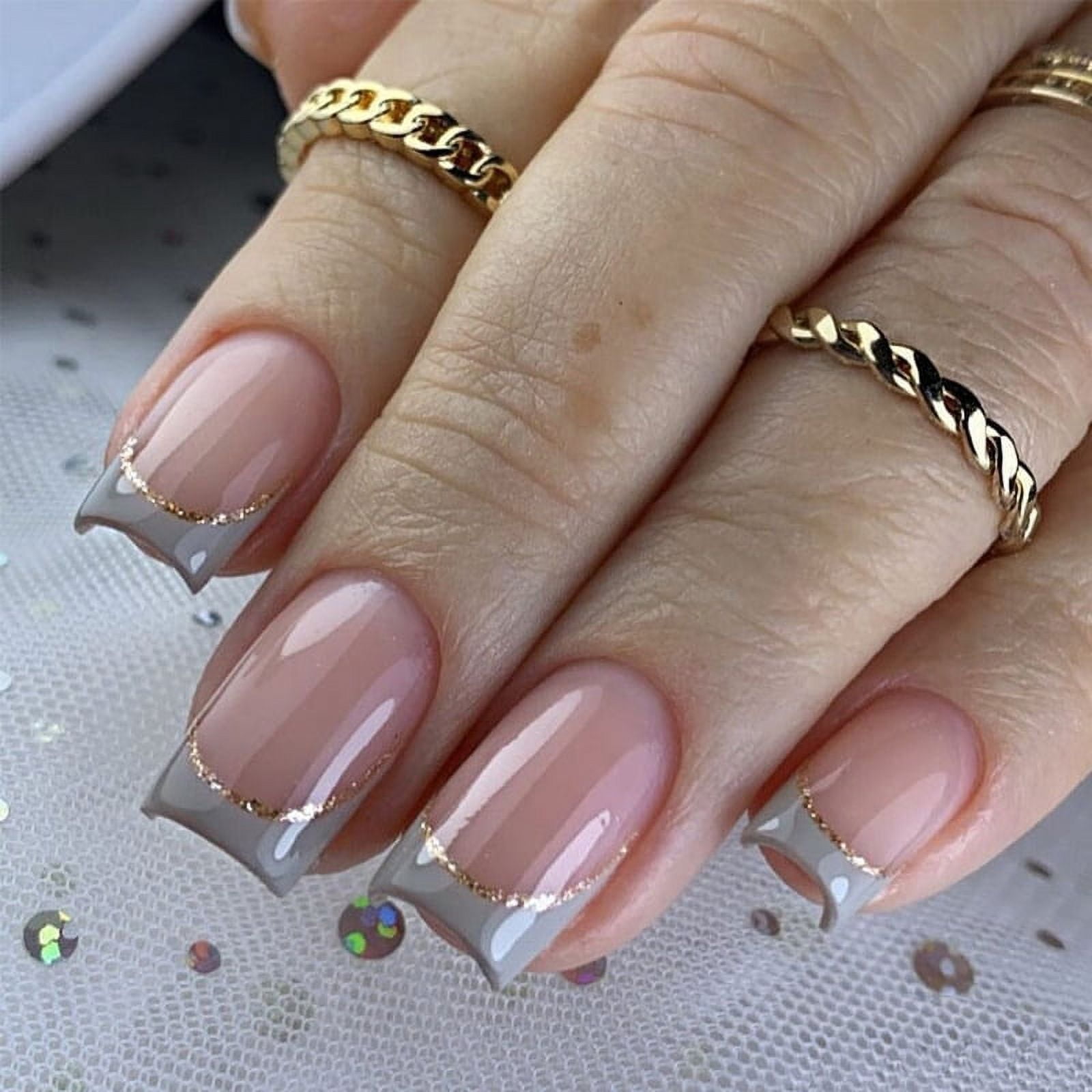 Yeahmol French Tip Press On Nails Almond Short Fake Nails Nude Glue On