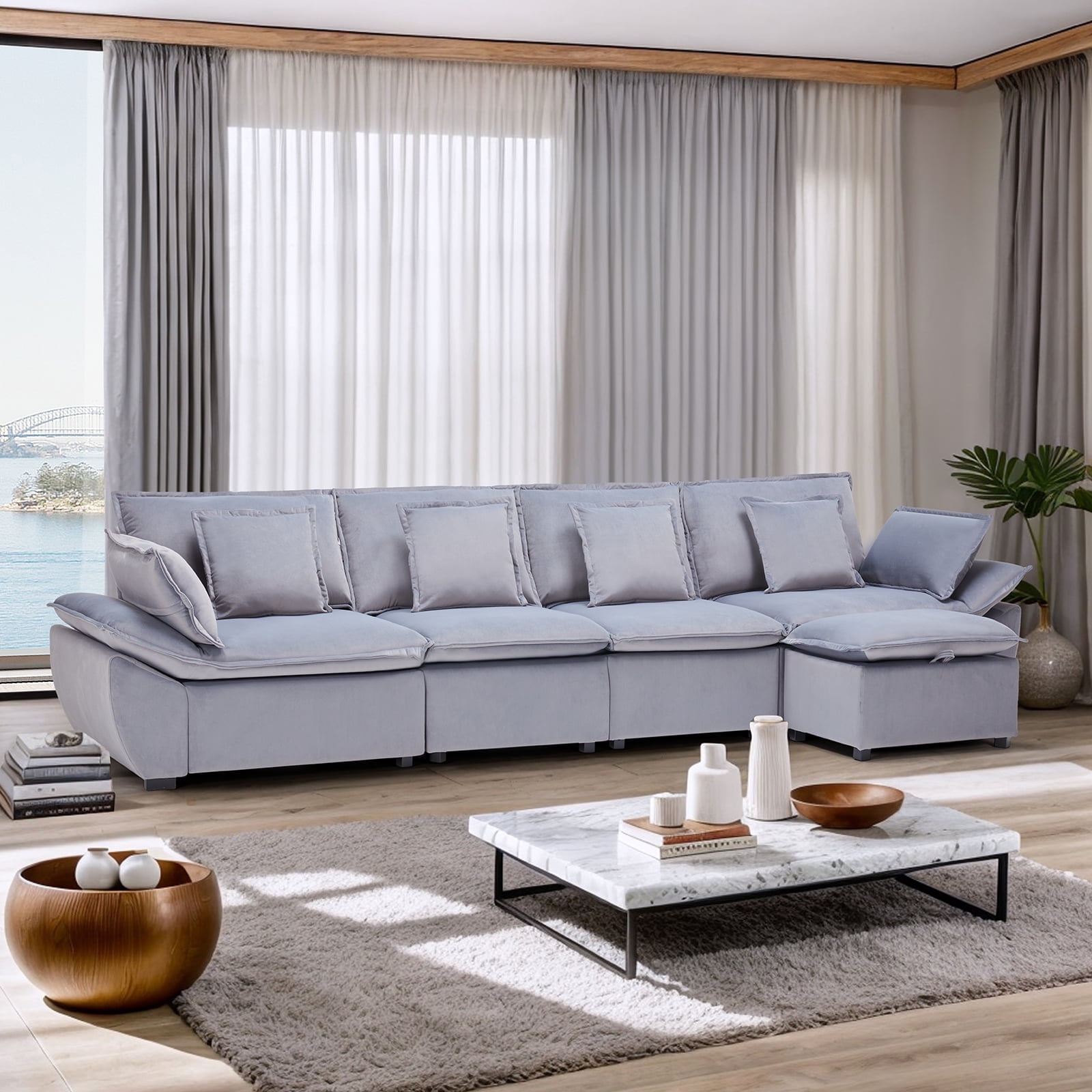 Yeahumalia 143.7" W Velvet Deep Seat 3 Seater Sofa with Storage ...