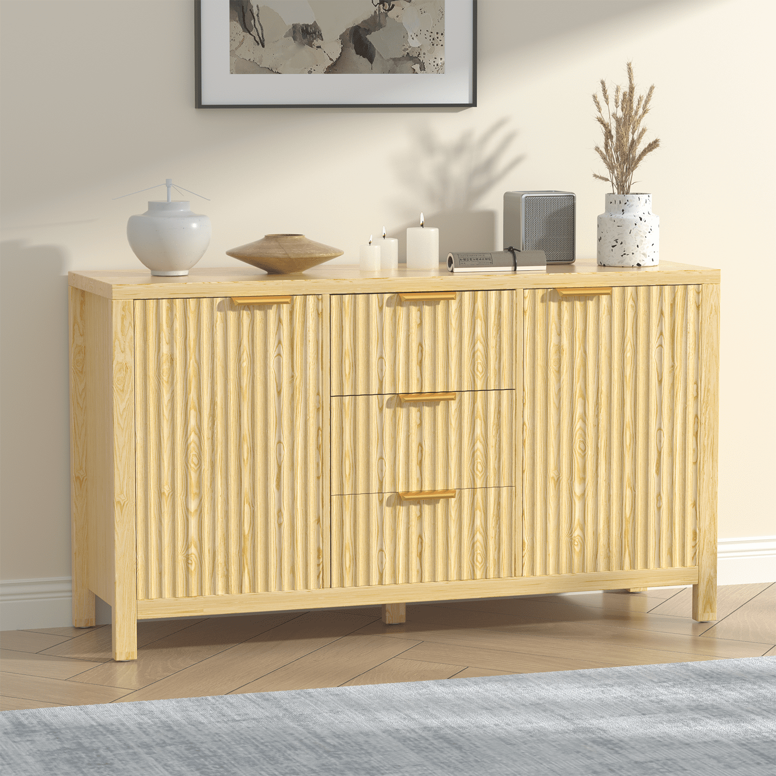 Yeahumalia Fluted Sideboard Buffet Cabinet with Storage Modern Credenza Cabinet with 3 Drawers for Kitchen Entryway Living Room Nature Wood Color