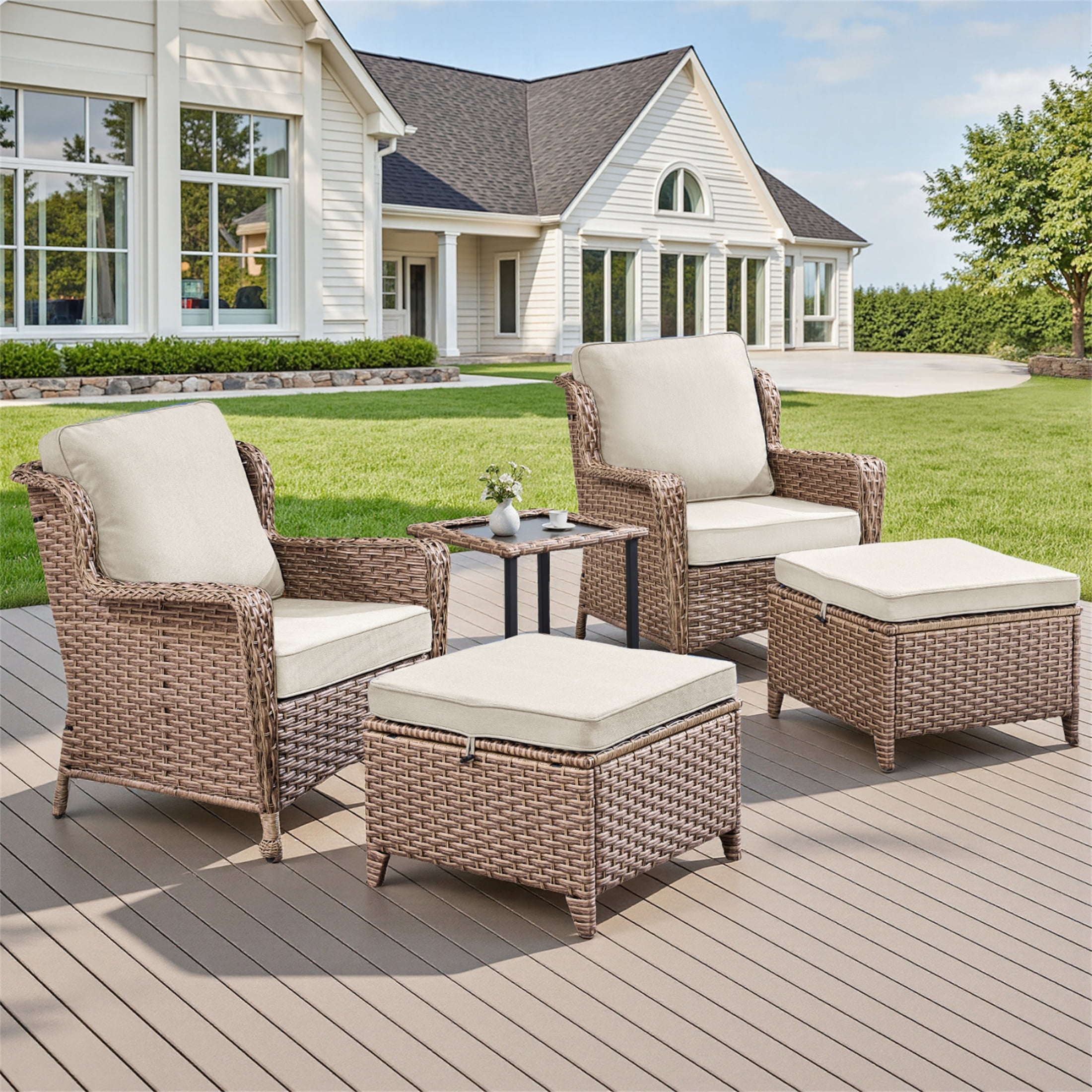 Yeahumalia 5-Piece All-Weather Wicker Patio Set with High-Back Patio ...