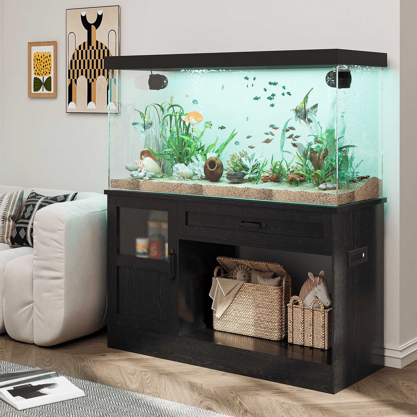 Yeahumalia 55 Gallon LED Fish Tank Aquarium Wooden Stand with Power ...