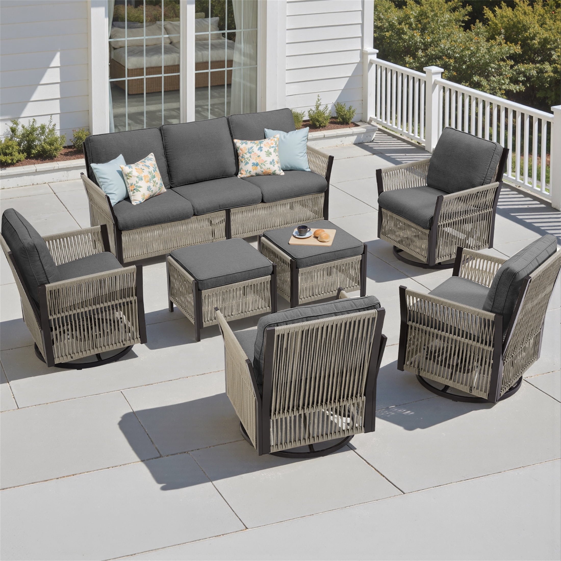 Yeahumalia 7-Piece Wicker Outdoor Conversation Set with Dark Gray ...