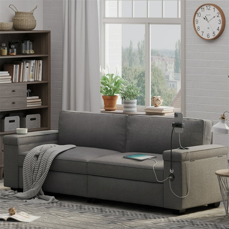 Yeahumalia Adult 86.6 Linen Sofa with Side Storage USB Type C Ports Cup and Phone Holders Grey