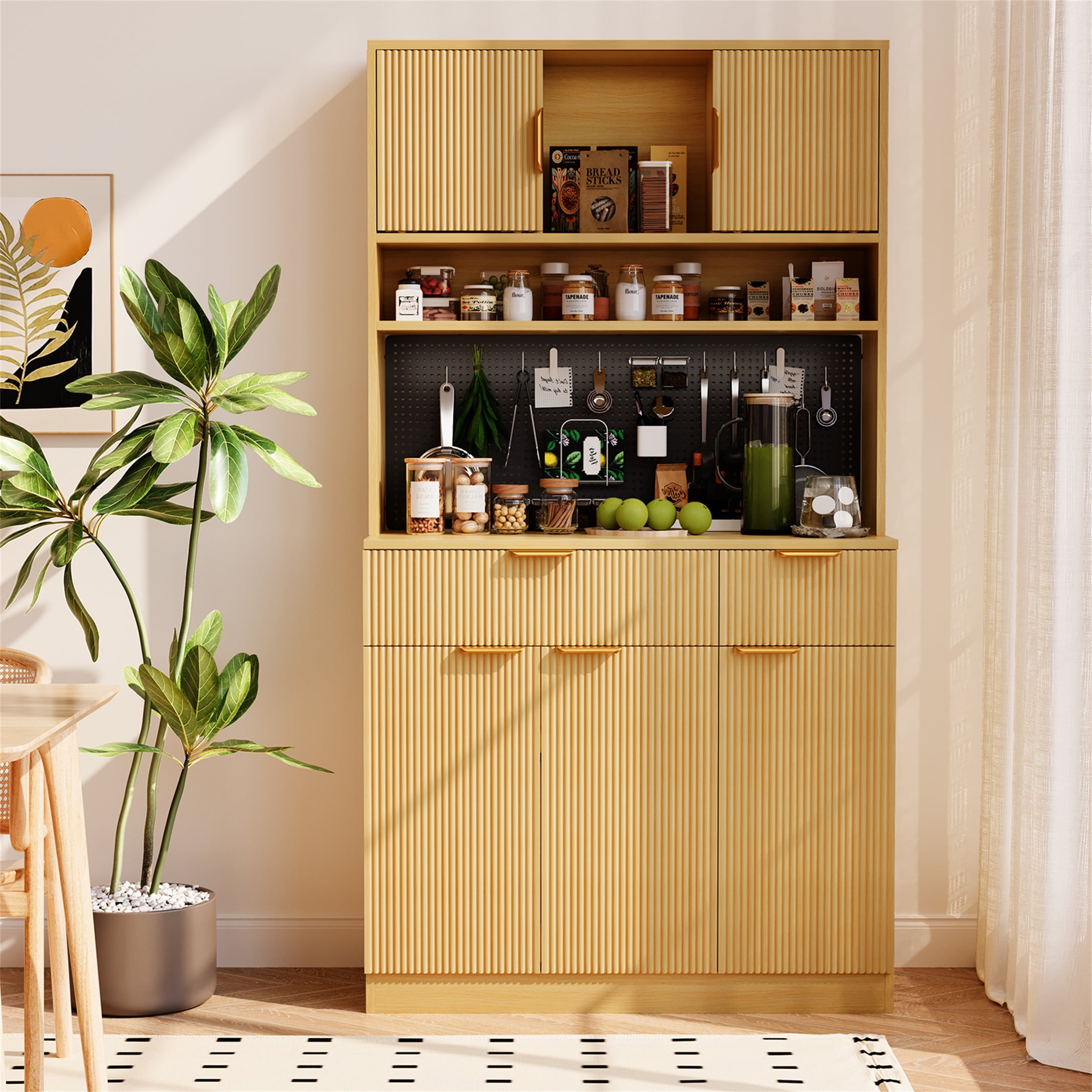 Yeahumalia Boho Fluted Kitchen Pantry Storage Cabinet Hutch with ...