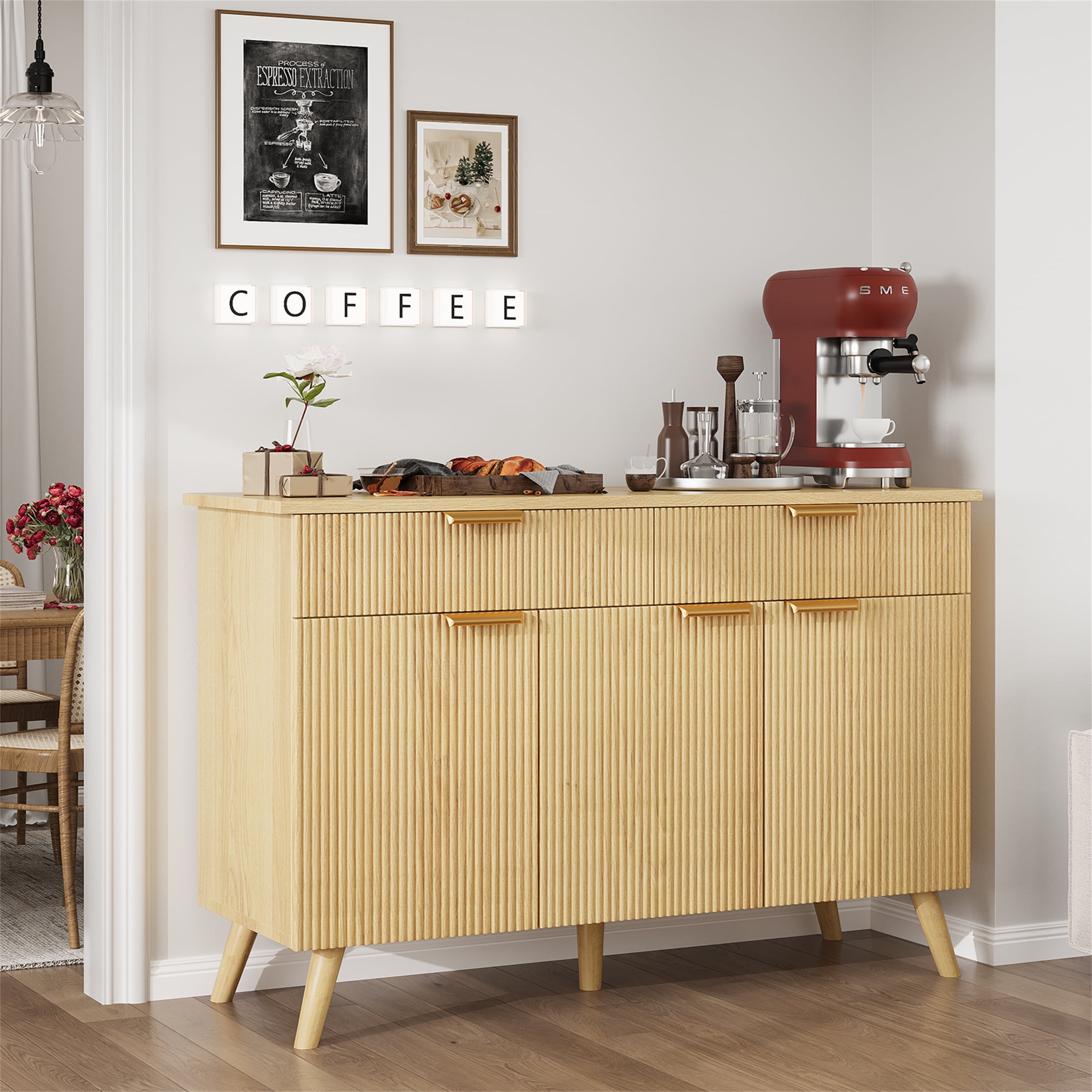 Yeahumalia Fluted Storage Cabinet Sideboard Buffet with 3 Doors and 2 ...