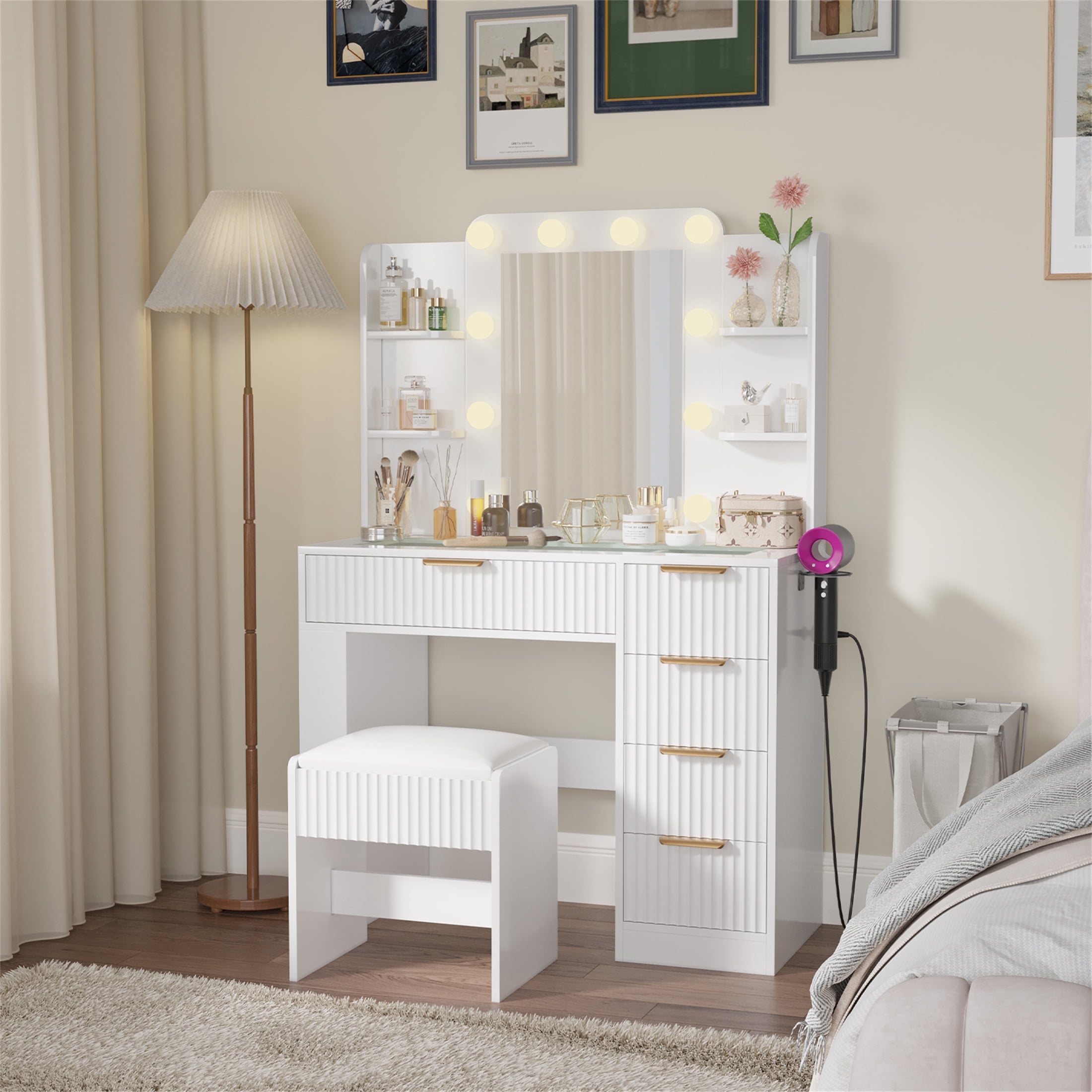 Yeahumalia Fluted Vanity Desk with Mirror and Lights, Makeup Vanity ...