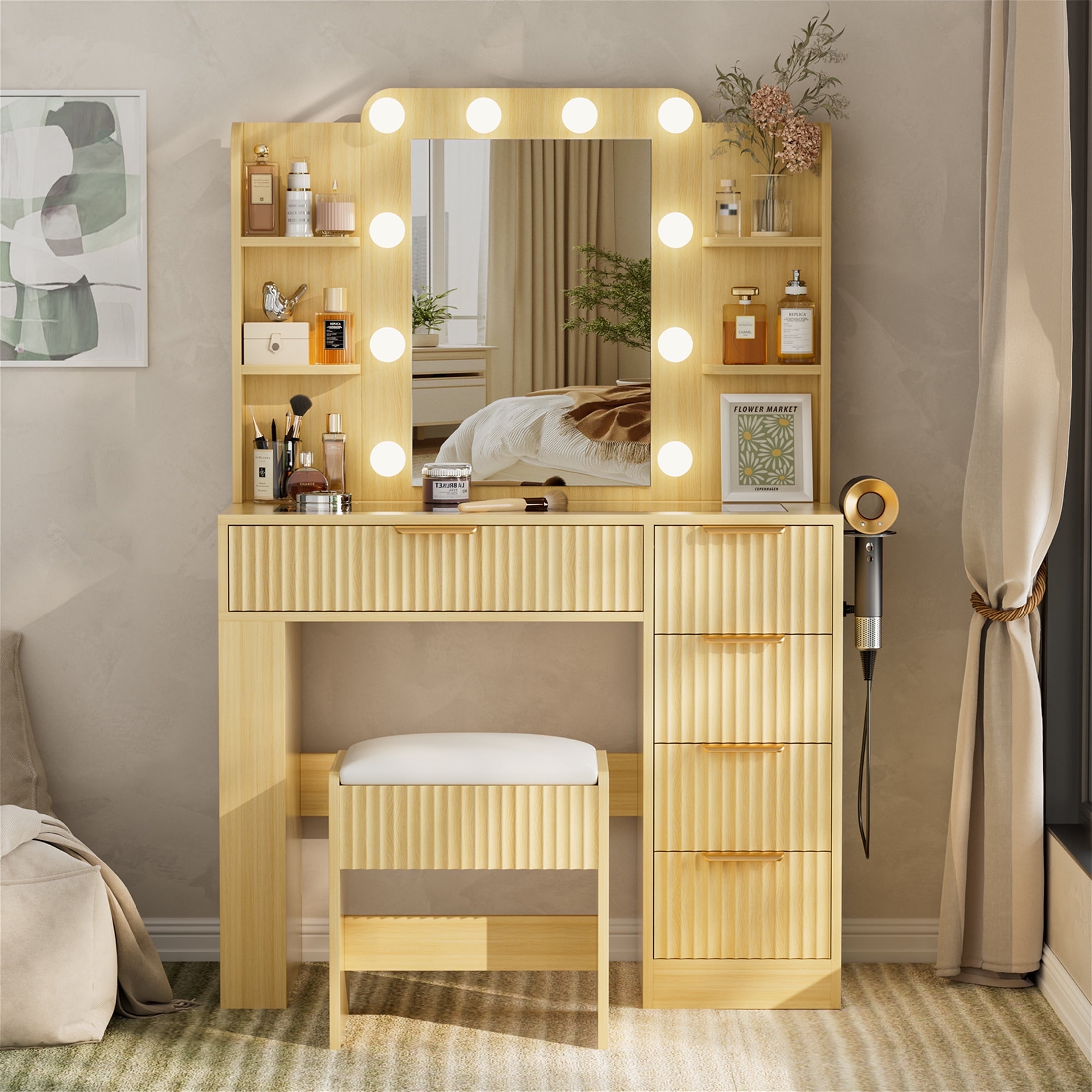 Yeahumalia Vanity Desk Set with Mirror and Lights, Makeup Table with ...