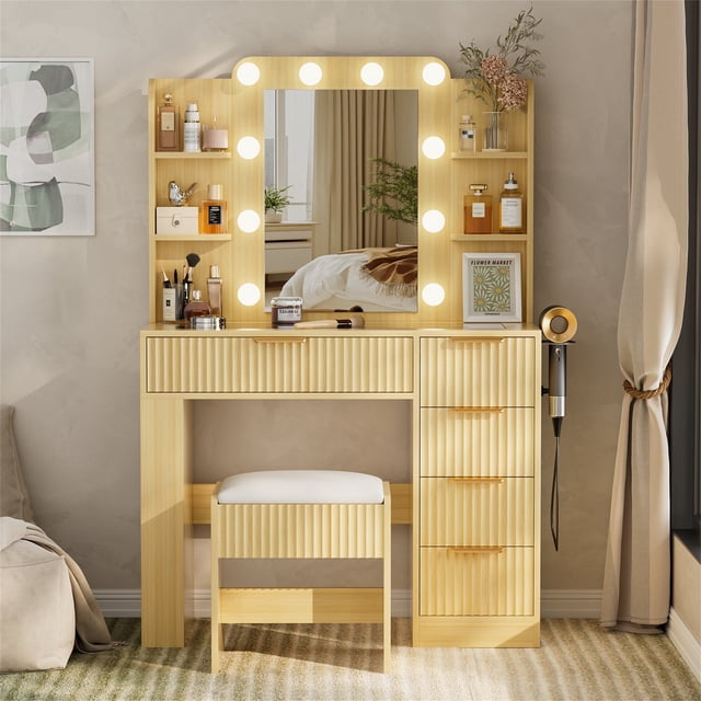 Yeahumalia Vanity Desk Set with Mirror and Lights, Makeup Table with ...